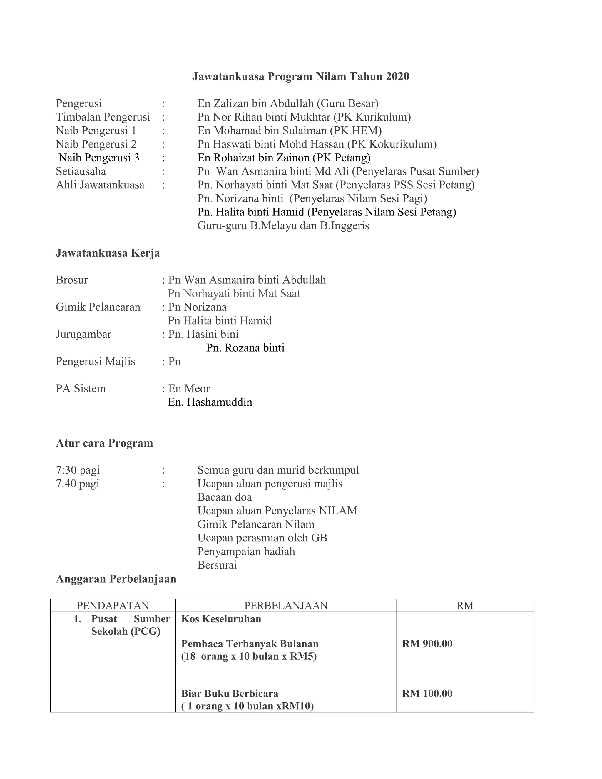 Kertas kerja pelancaran nilam 2020 | PDF