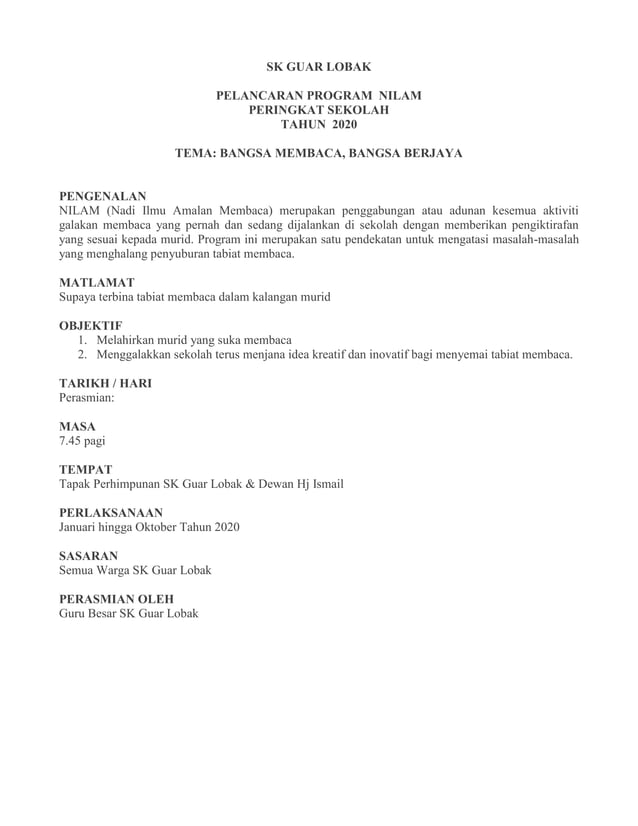Kertas kerja pelancaran nilam 2020 | PDF