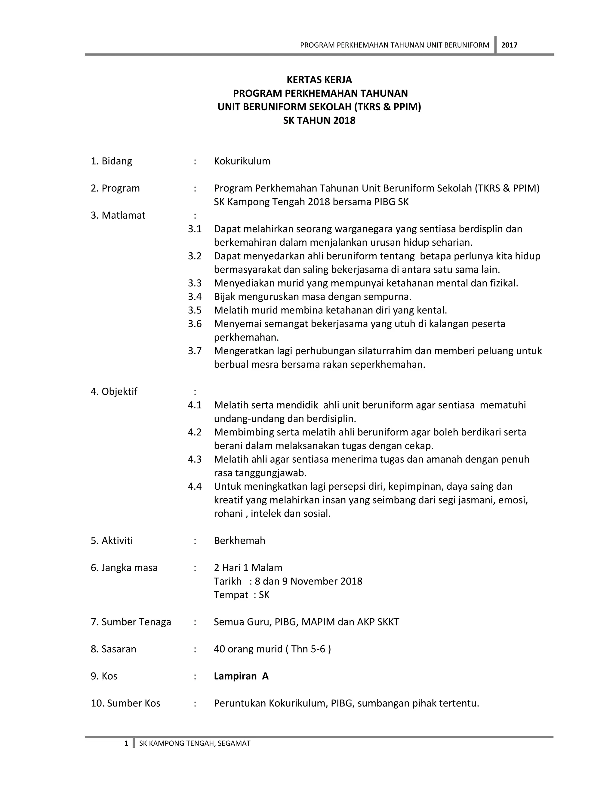 Kertas kerja perkhemahan 2018 | DOC