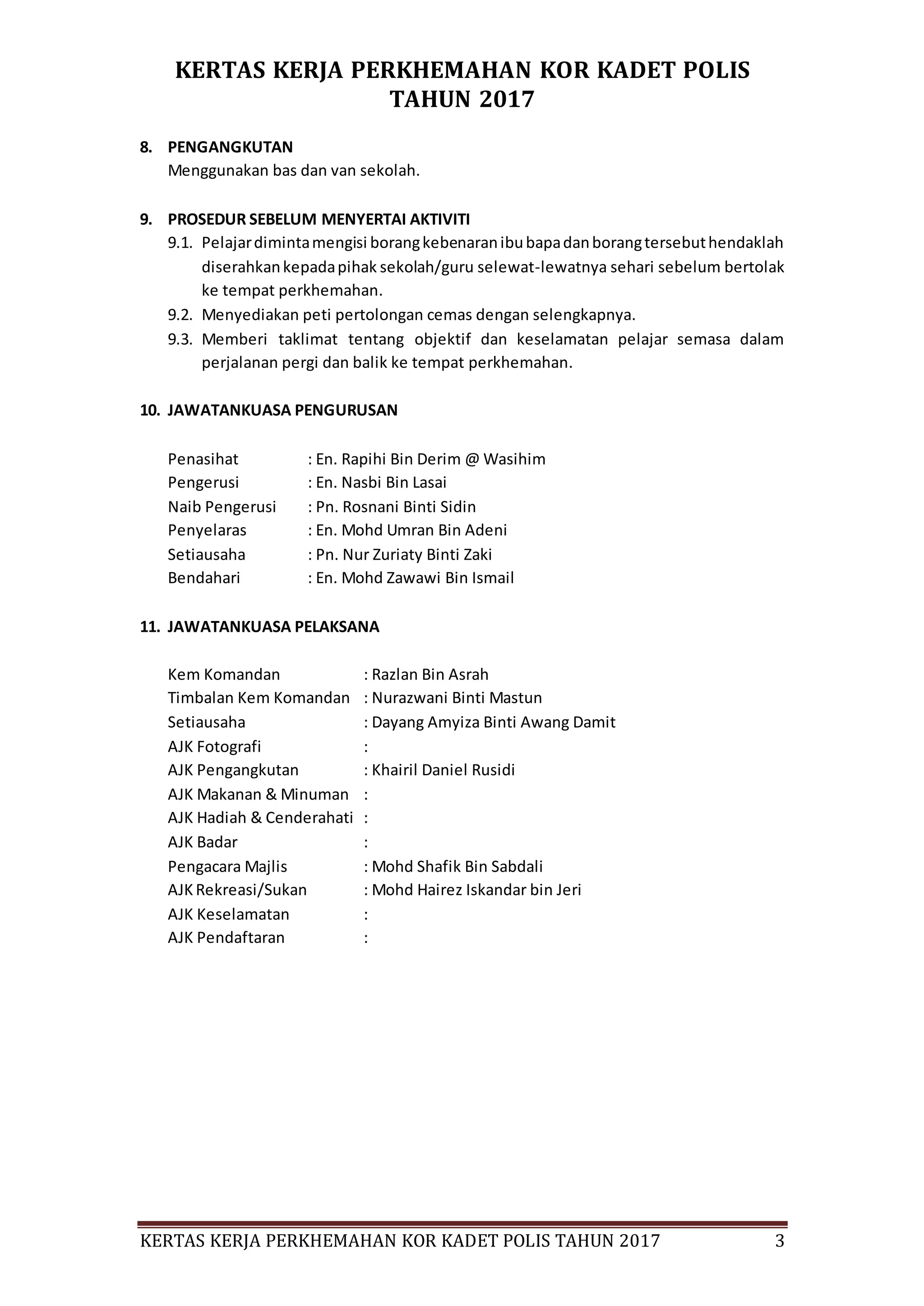 Kertas Kerja Perkhemahan Kadet Polis | DOCX