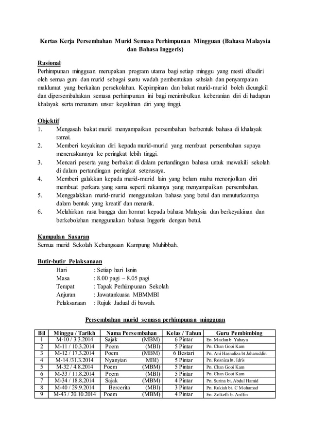 Kertas kerja persembahan murid semasa perhimpunan mingguan | DOCX