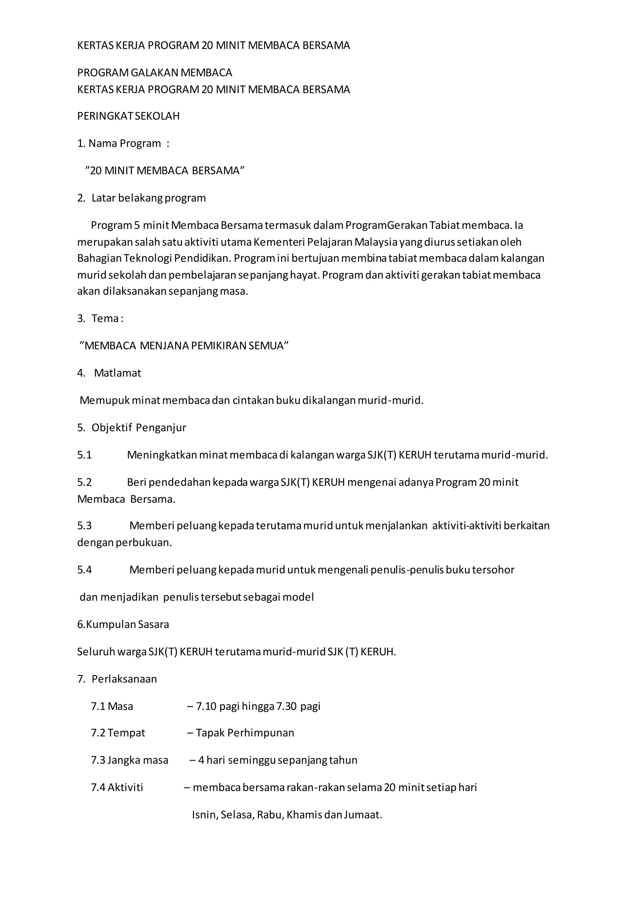 Kertas kerja program 20 minit membaca bersama | DOCX