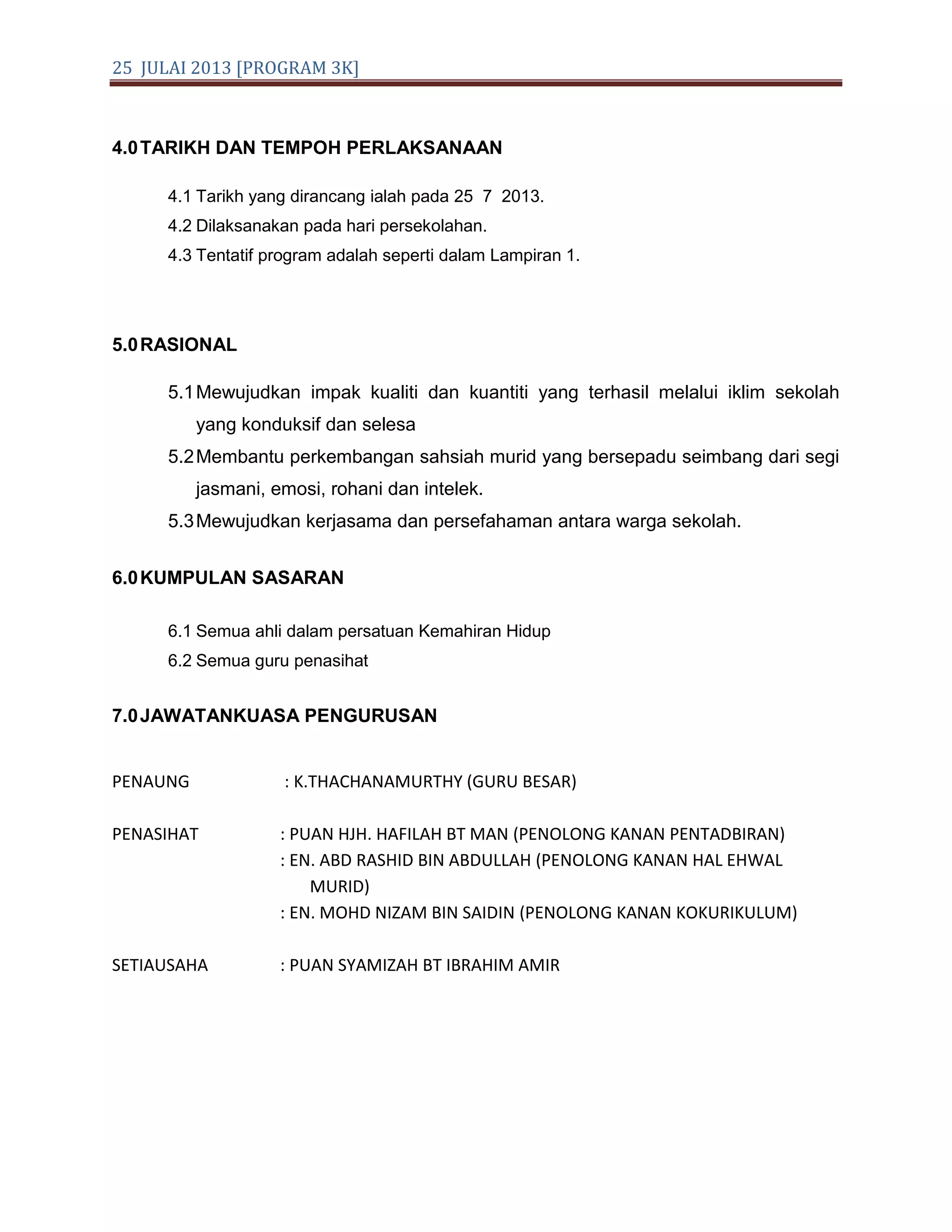 Kertas kerja program 3k | DOC