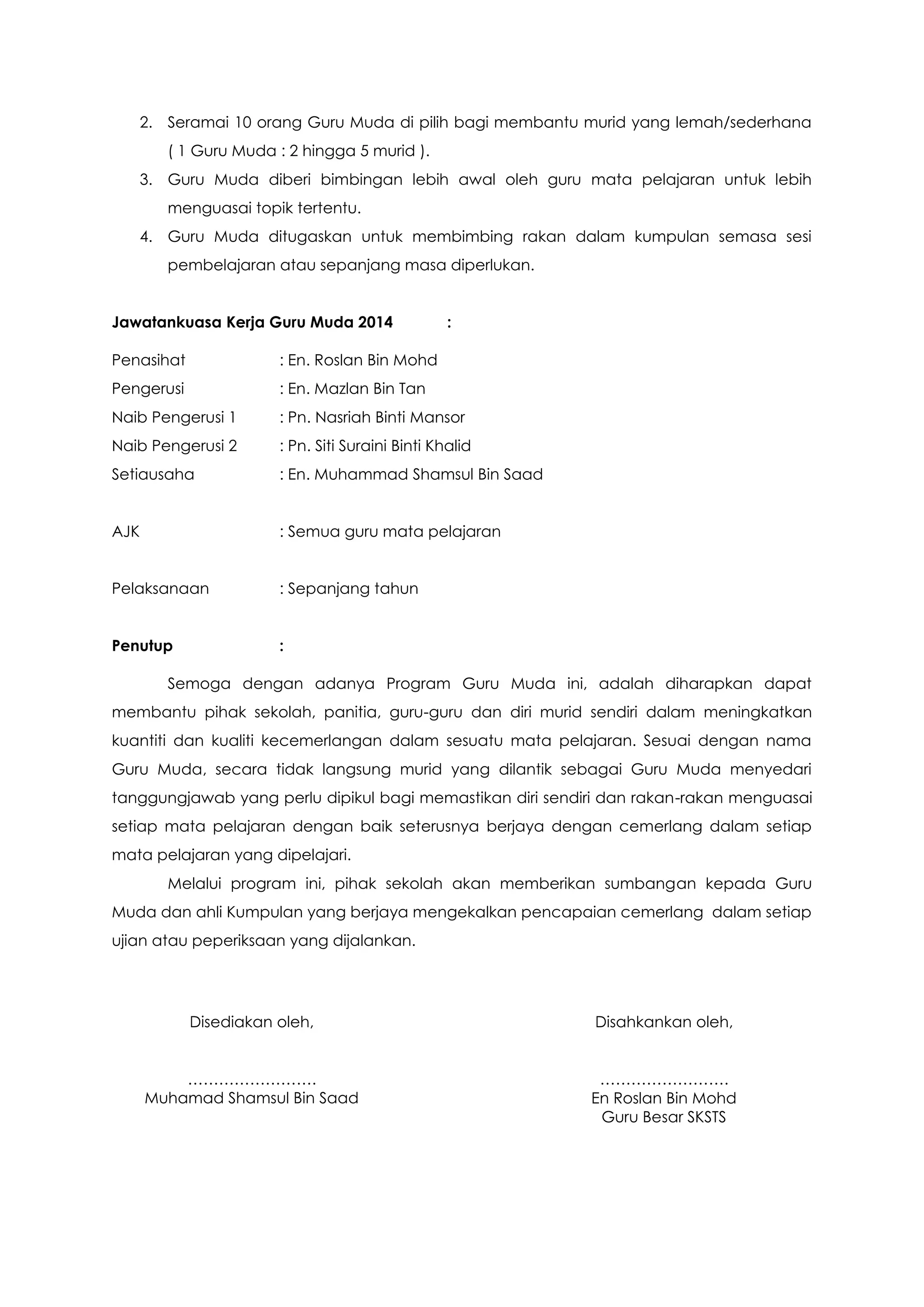 Kertas kerja program guru muda | DOCX