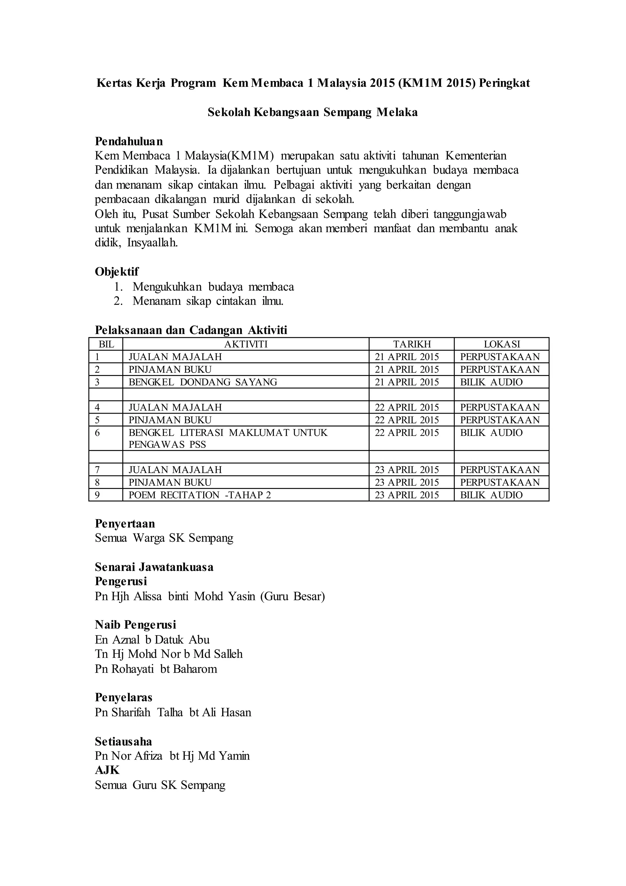 Kertas kerja program kem membaca 1 malaysia 2015 | PDF