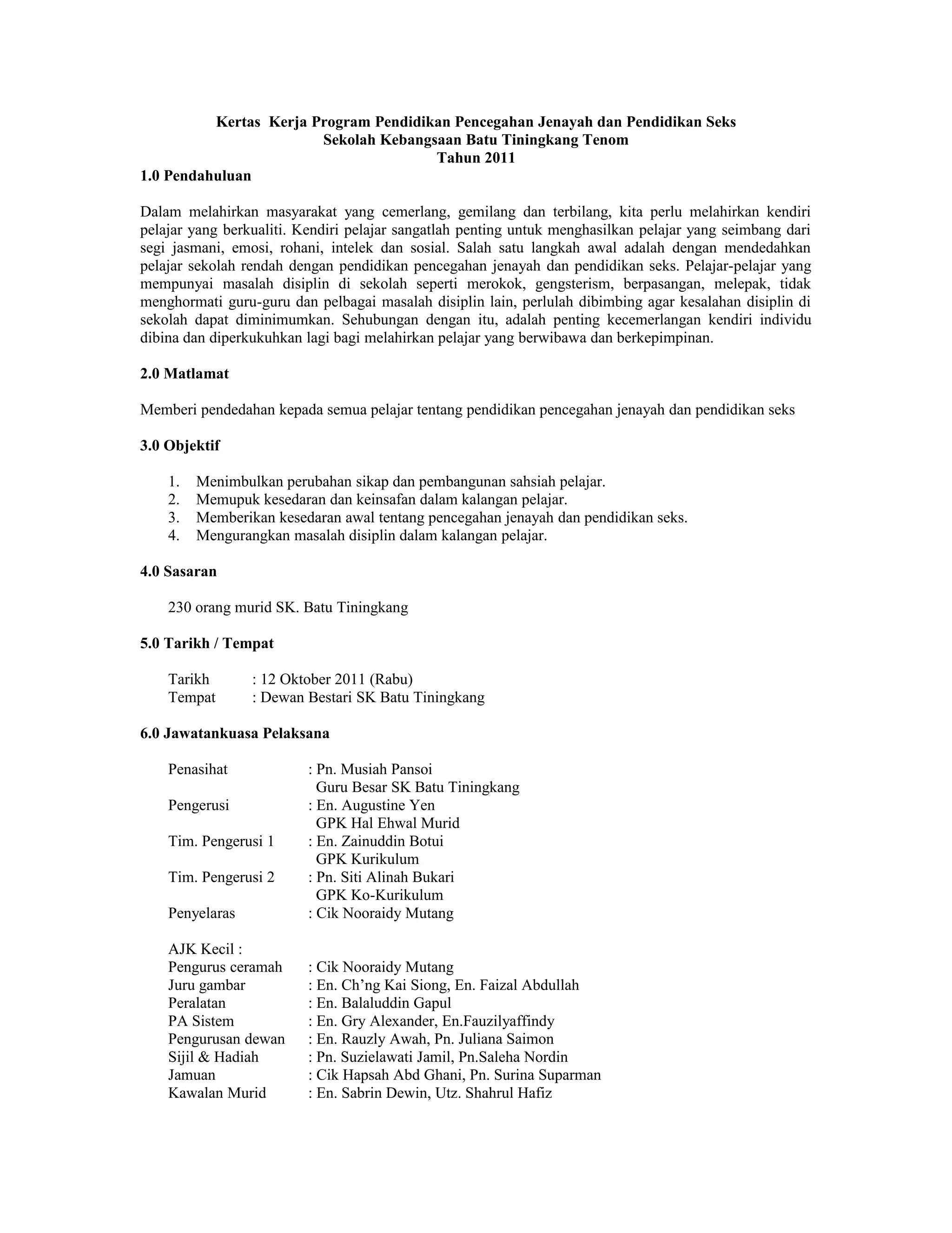 Kertas kerja program pencegahan jenayah dan gangguan seksual | DOC