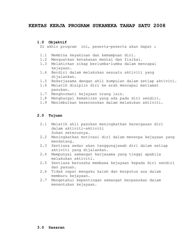 Kertas kerja program sukaneka tahap satu 2008 | DOC