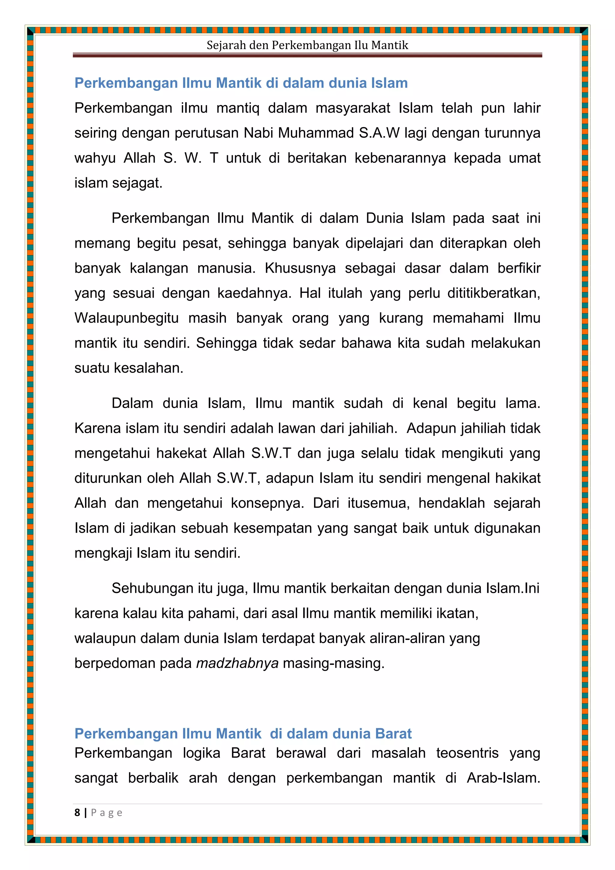 Kertas kerja sejarah dan perkembangan ilmu mantik | DOCX