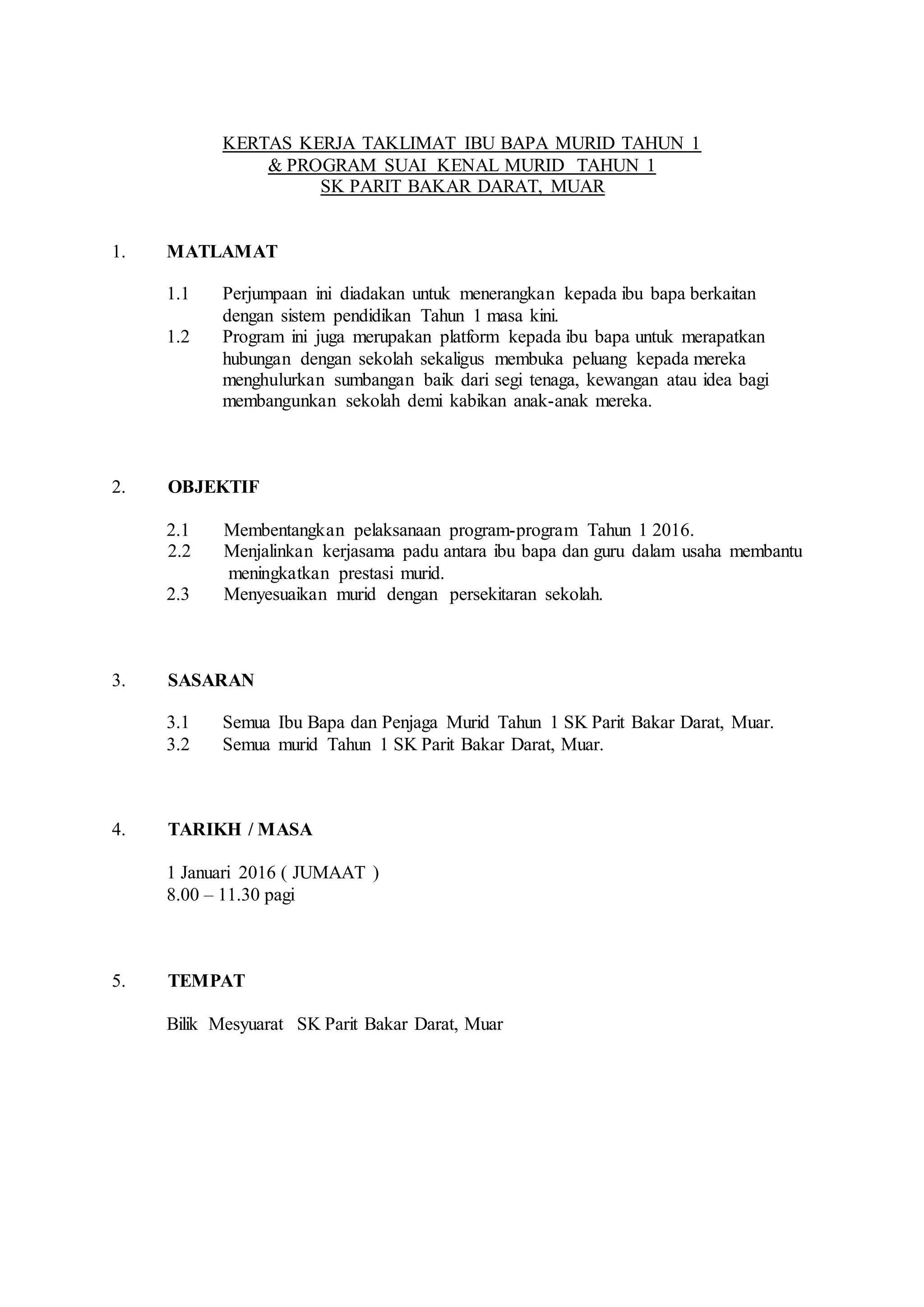 Kertas kerja taklimat ibu bapa murid tahun 1 | DOCX