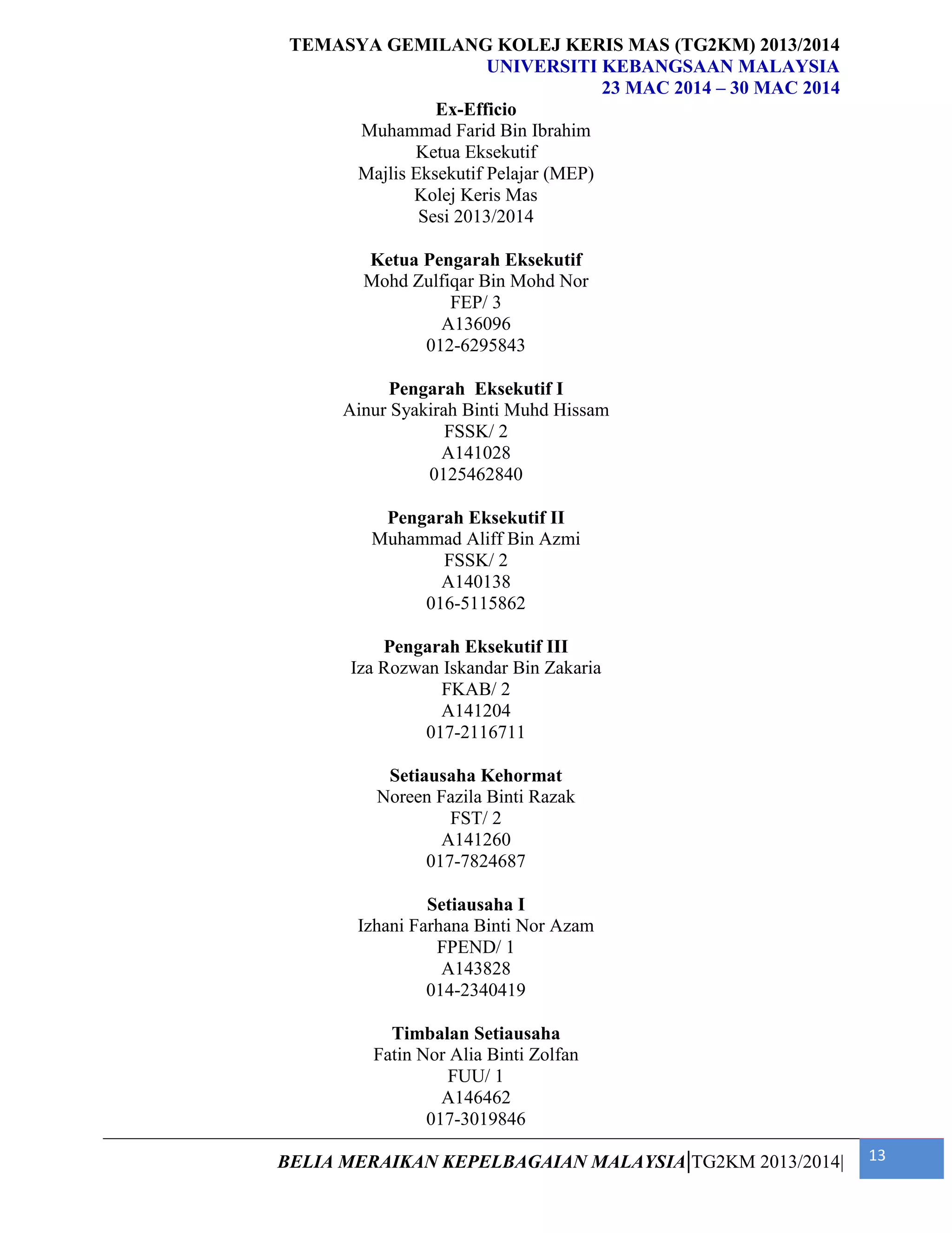 Kertas kerja temasya gemilang kolej keris mas 20132014 | PDF