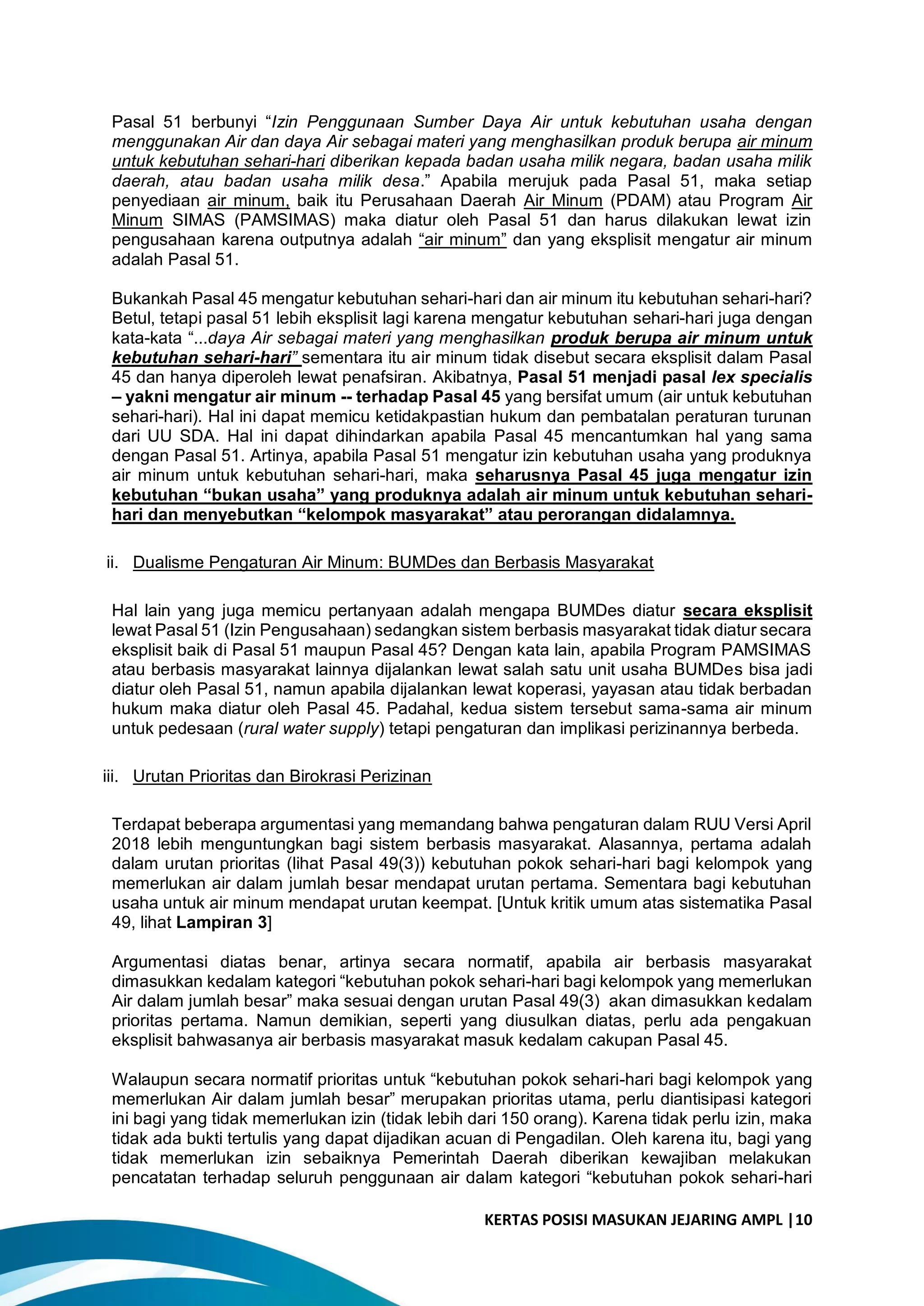 Kertas Posisi Rancangan Undang Undang Sumber Daya Air 2018 | PDF