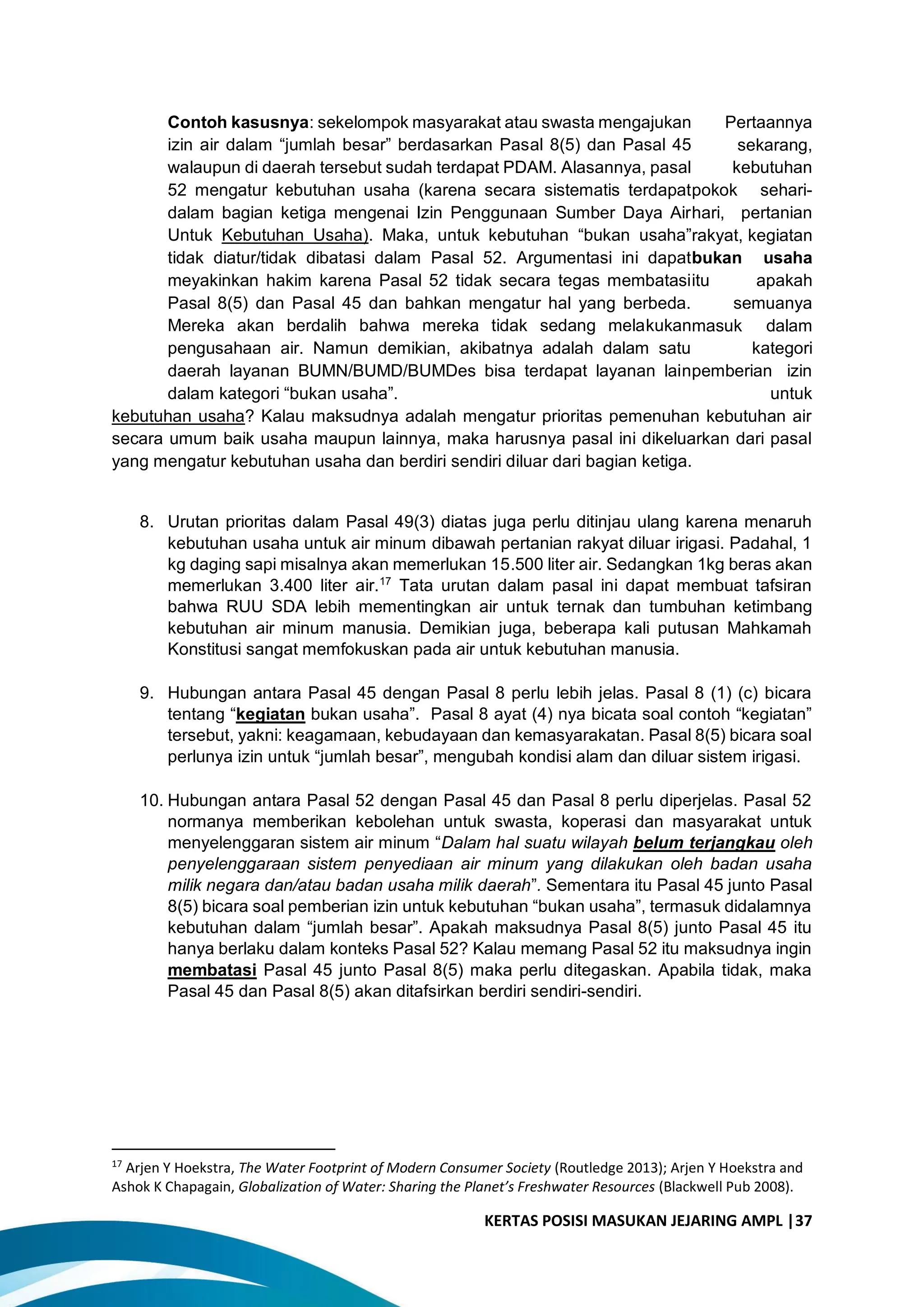 Kertas Posisi Rancangan Undang Undang Sumber Daya Air 2018 | PDF