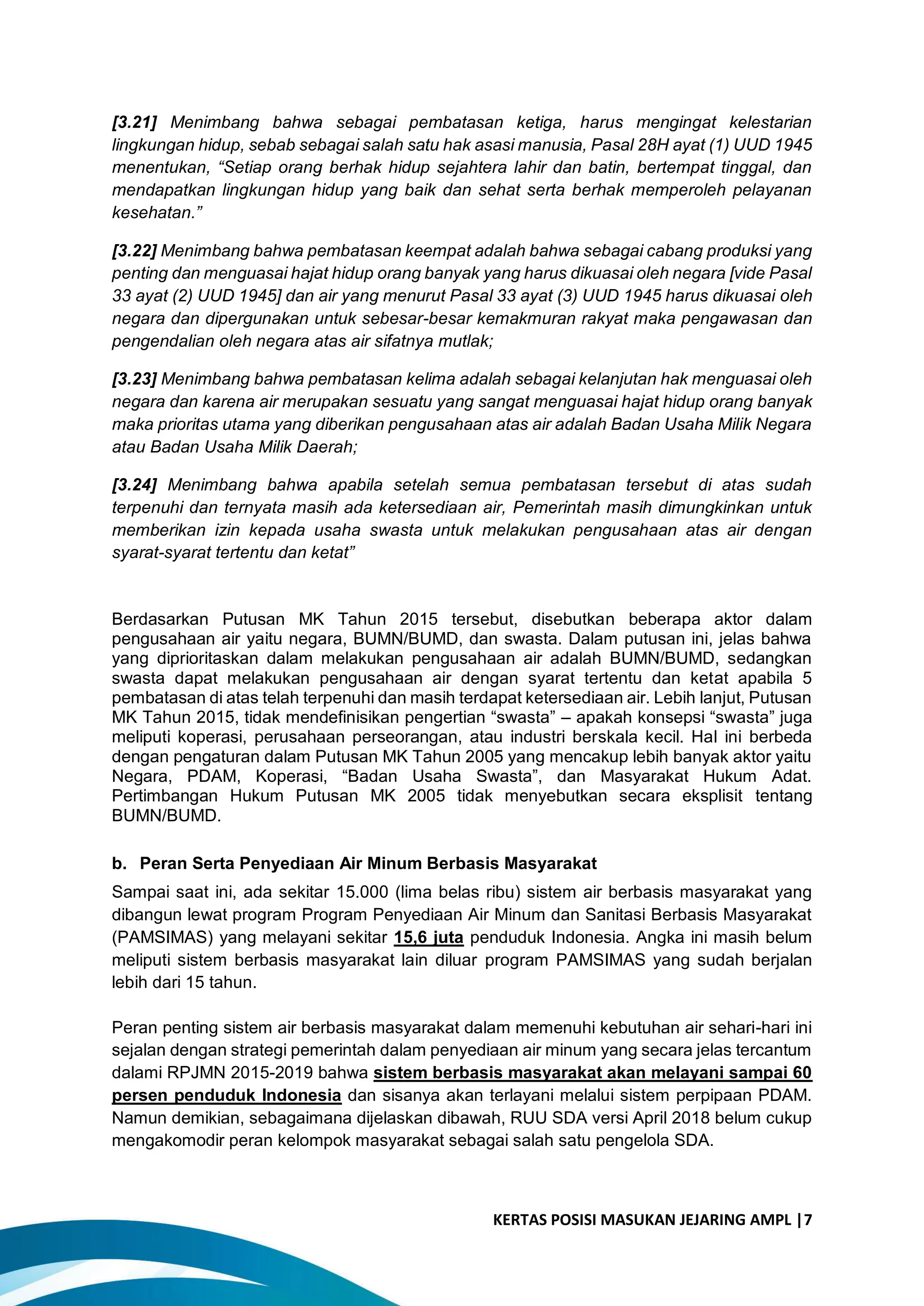 Kertas Posisi Rancangan Undang Undang Sumber Daya Air 2018 | PDF