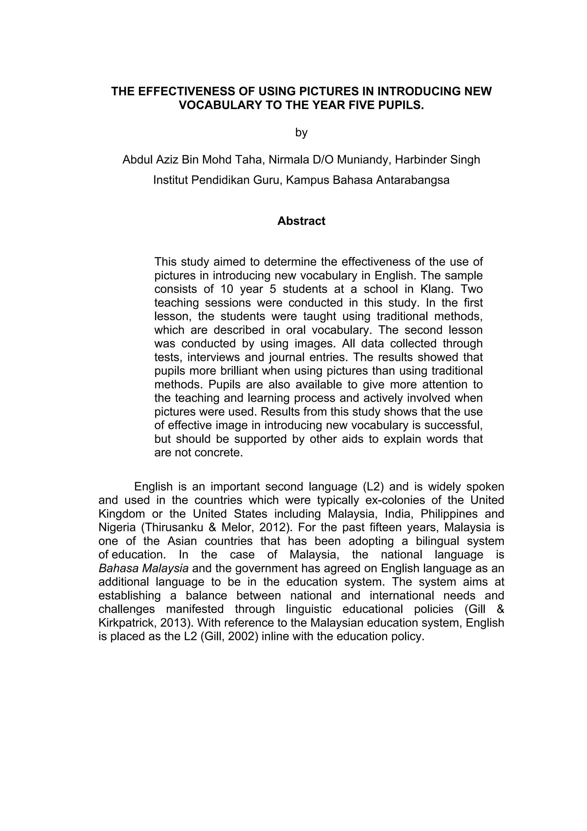 The effectiveness of using visual aids in introducing new vocabulary to ...