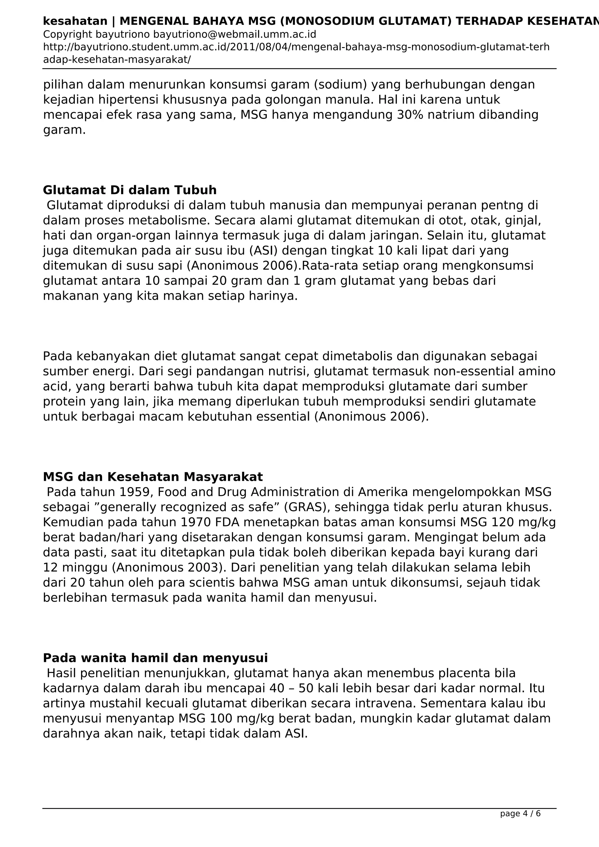 bahaya msg (monosodium glutamat) terhadap kesehatan masyarakat | PDF