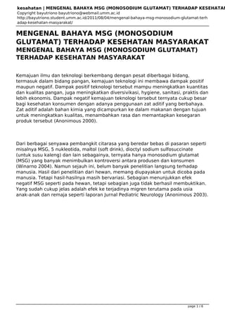 bahaya msg (monosodium glutamat) terhadap kesehatan masyarakat | PDF