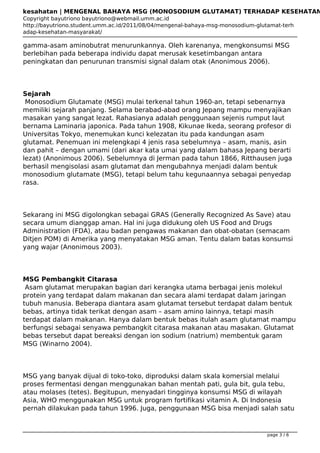 bahaya msg (monosodium glutamat) terhadap kesehatan masyarakat | PDF