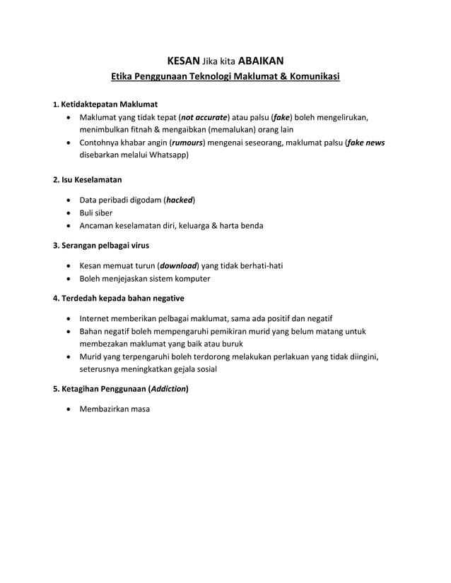 KESAN PENGABAIAN PENGGUNAAN TEKNOLOGI MAKLUMAT DAN KOMUNIKASI SECARA BERETIKA | PDF