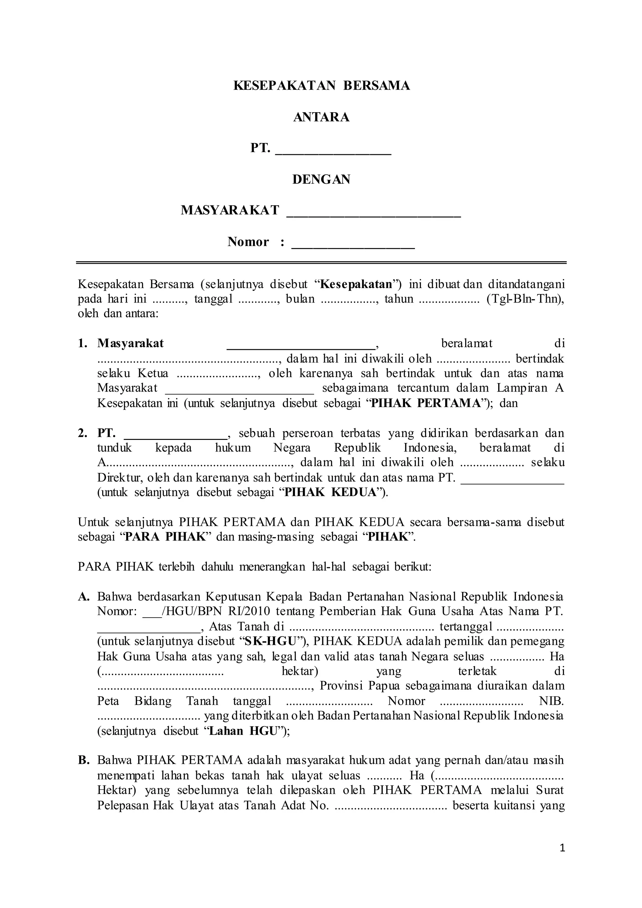 Contoh Perjanjian Kesepakatan Uang Tali Asih Hak Ulayat (Beli ...