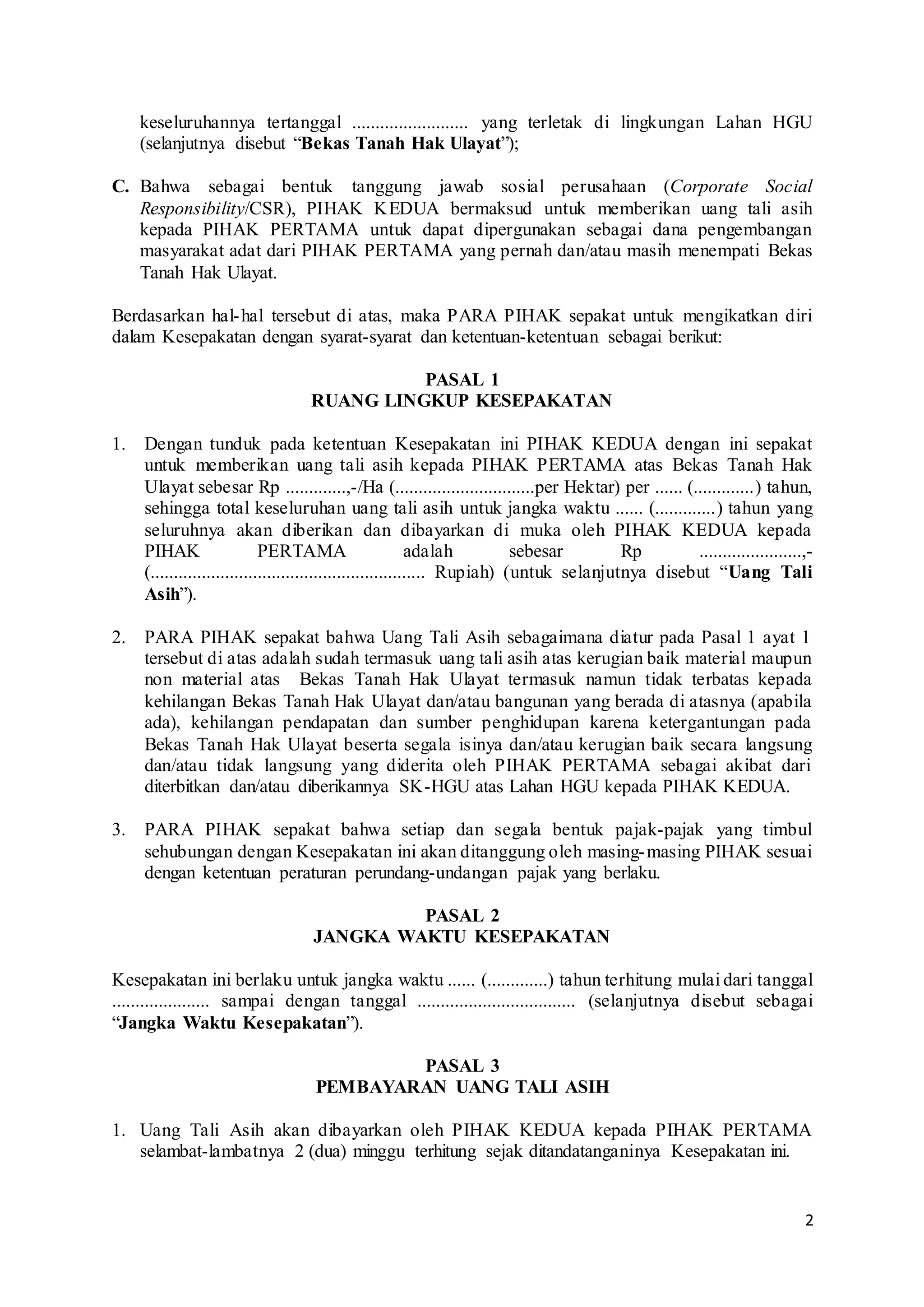 Contoh Perjanjian Kesepakatan Uang Tali Asih Hak Ulayat (Beli ...
