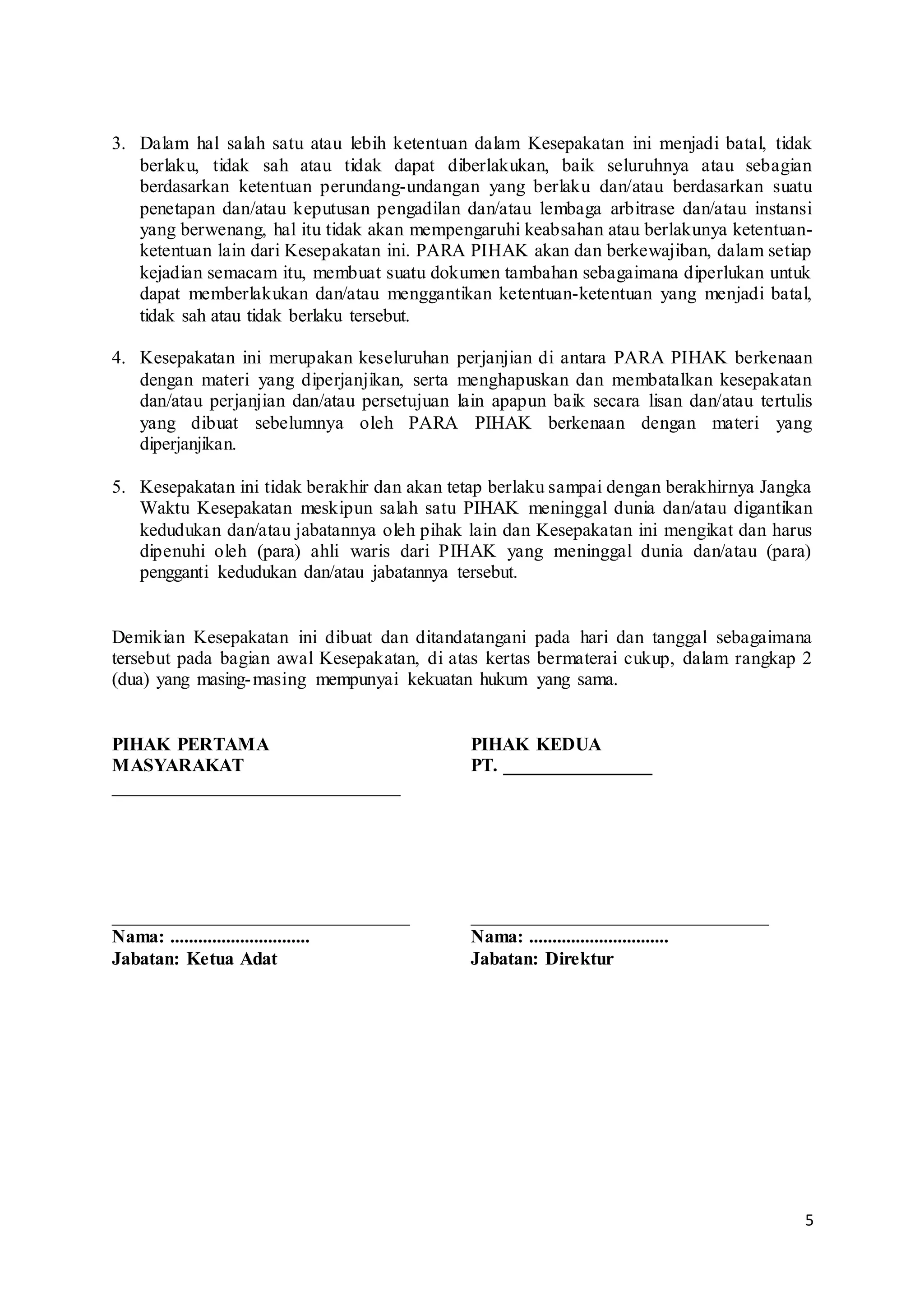 Contoh Perjanjian Kesepakatan Uang Tali Asih Hak Ulayat (Beli ...