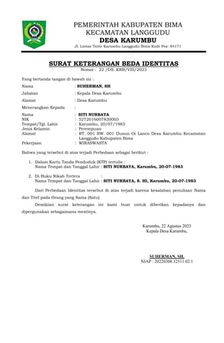keterangan beda identitas dari desa atau kelurahan | DOCX