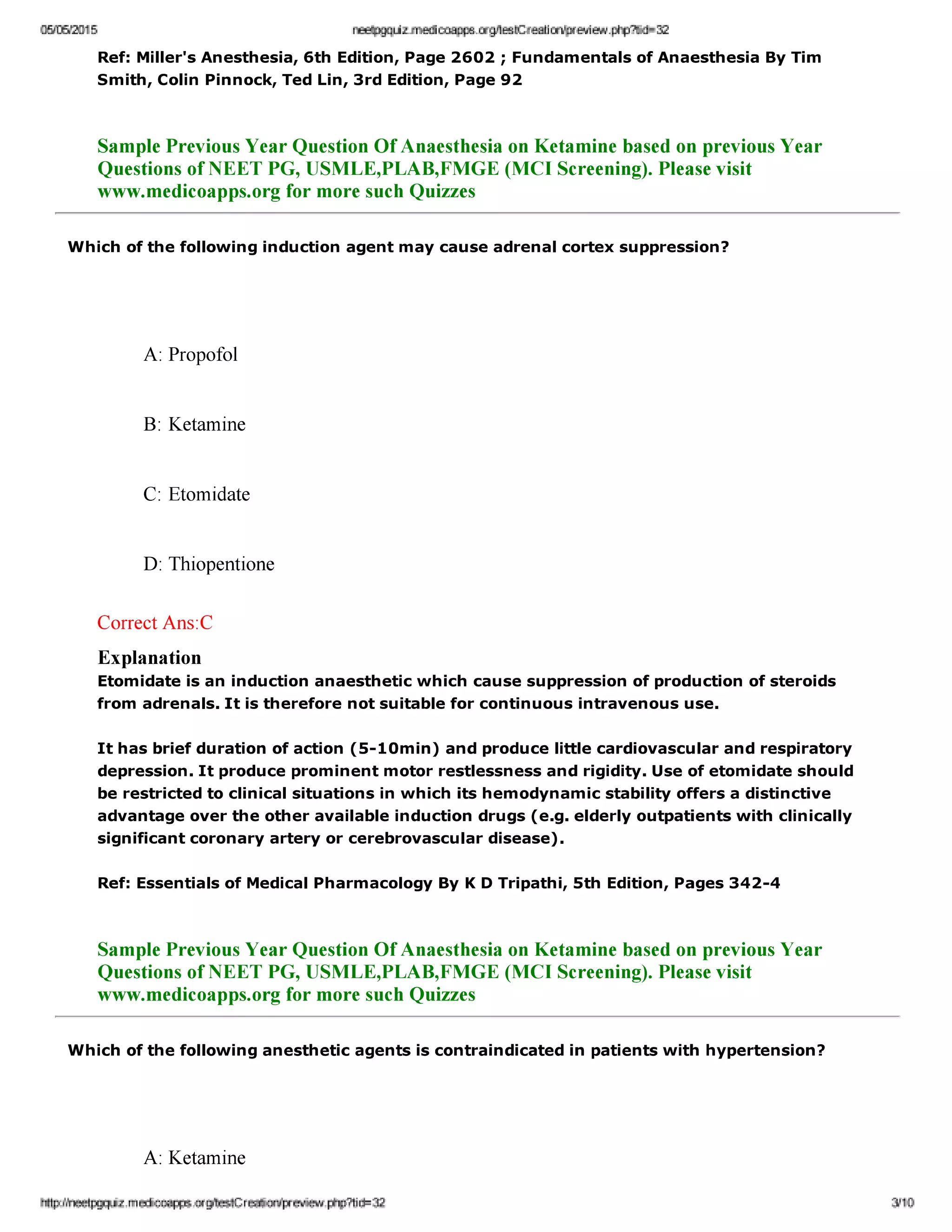 Ketamine (anaesthesia )sample questions based on neet pg , usmle, plab ...