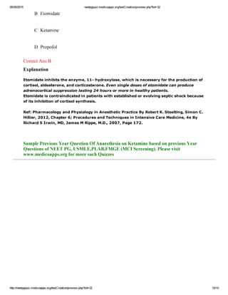 Ketamine (anaesthesia )sample questions based on neet pg , usmle, plab ...