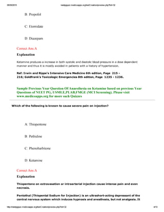 Ketamine (anaesthesia )sample questions based on neet pg , usmle, plab ...