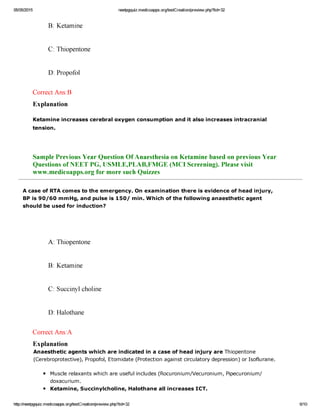 Ketamine (anaesthesia )sample questions based on neet pg , usmle, plab ...