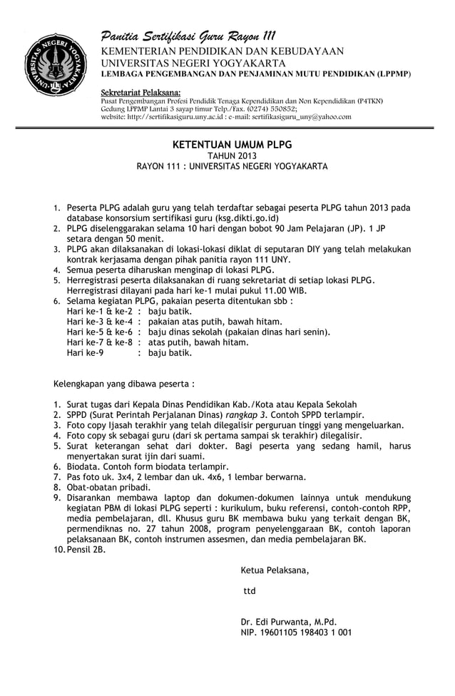Ketentuan Umum PLPG Tahun 2013 Rayon 111 UNY | PDF