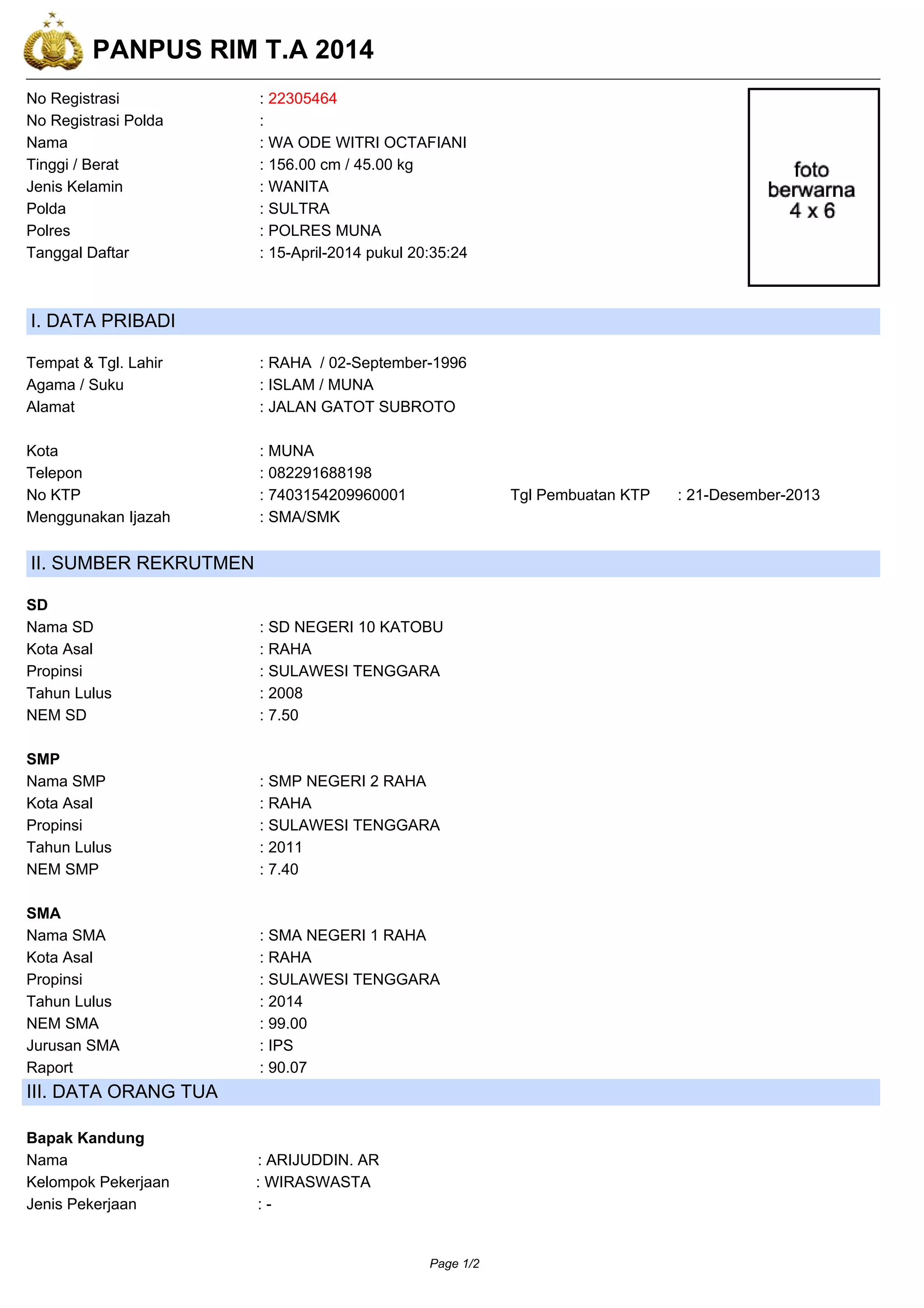 Keterangan pendaftar 22305464_wa ode witri octafiani | PDF