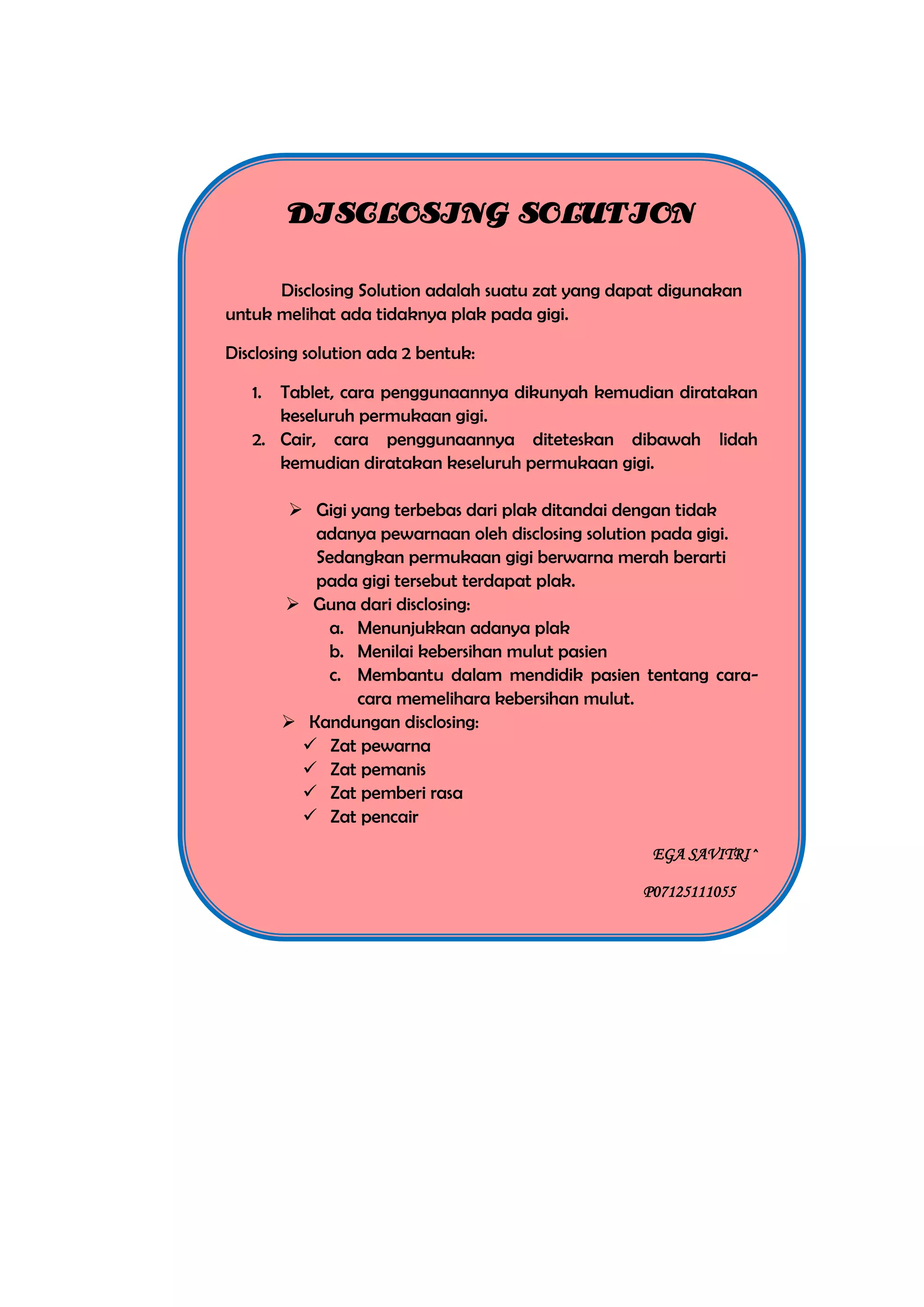 Keterangan plak dan disclosing solution | DOCX