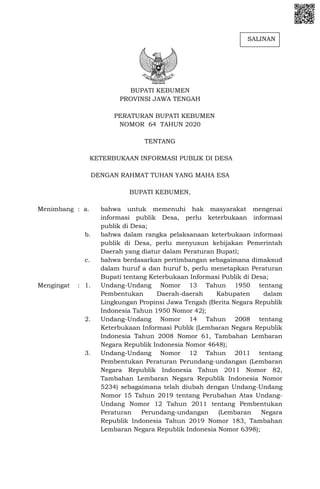 PERBUP KEBUMEN No. 64 Tahun 2020 | PDF