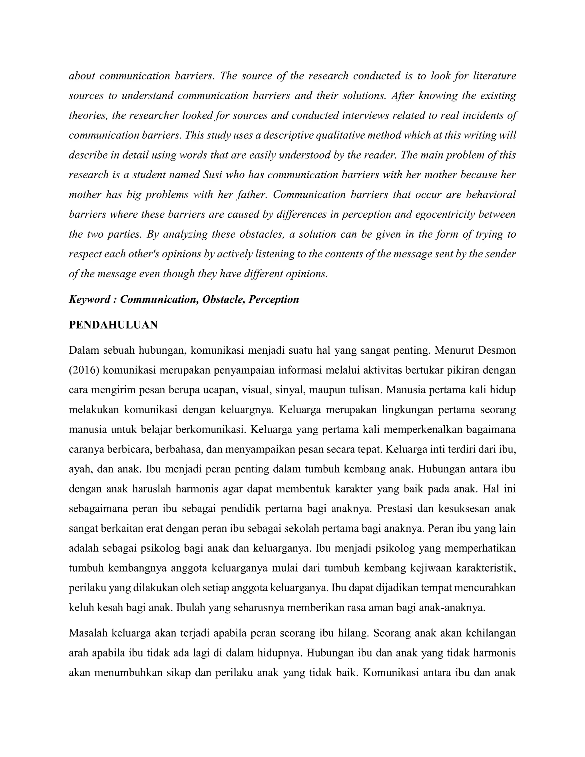 KETIDAKHARMONISAN HUBUNGAN IBU DENGAN ANAK AKIBAT HAMBATAN KOMUNIKASI ...