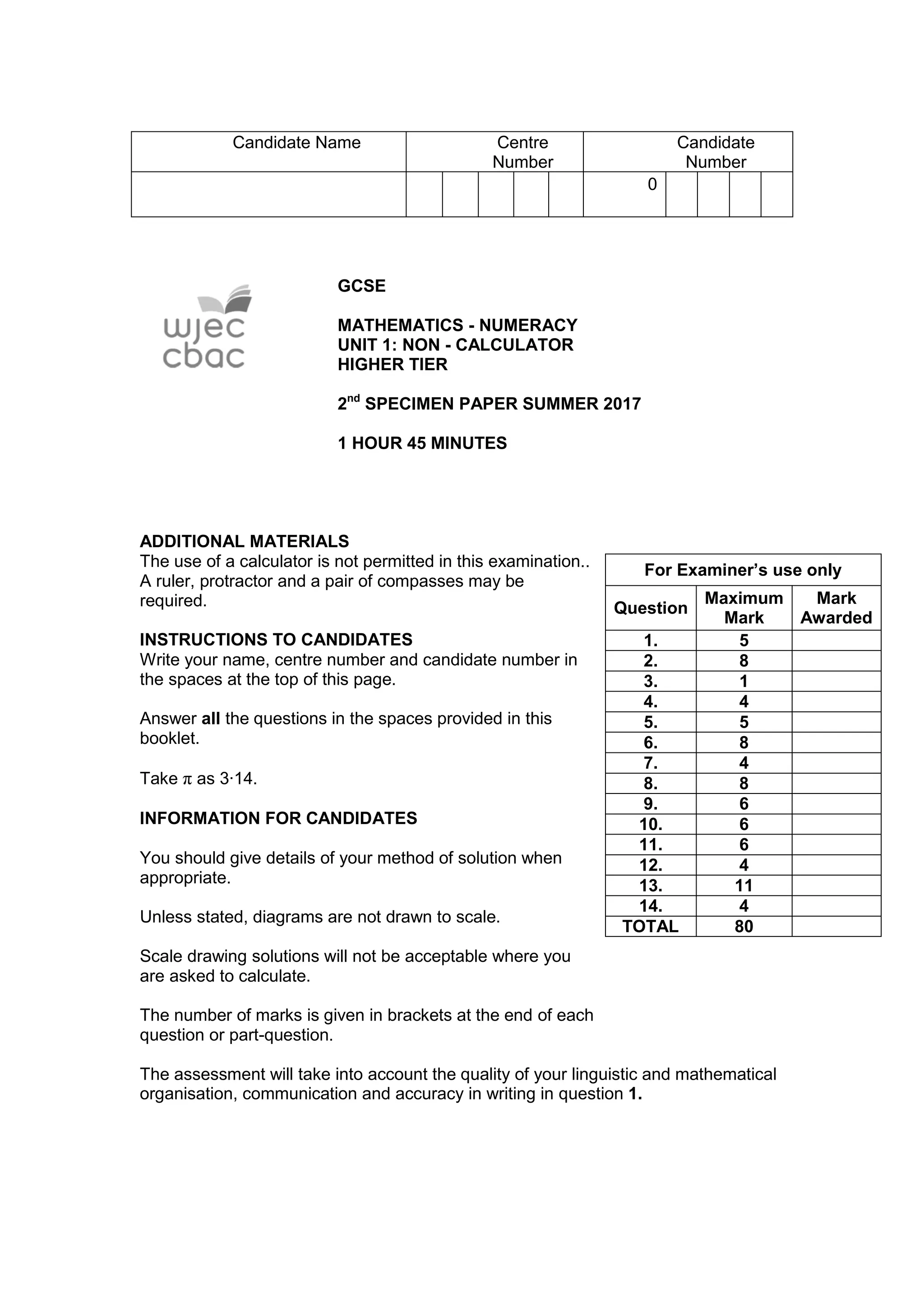 Mathematics numeracy unit 1 higher question paper | PDF