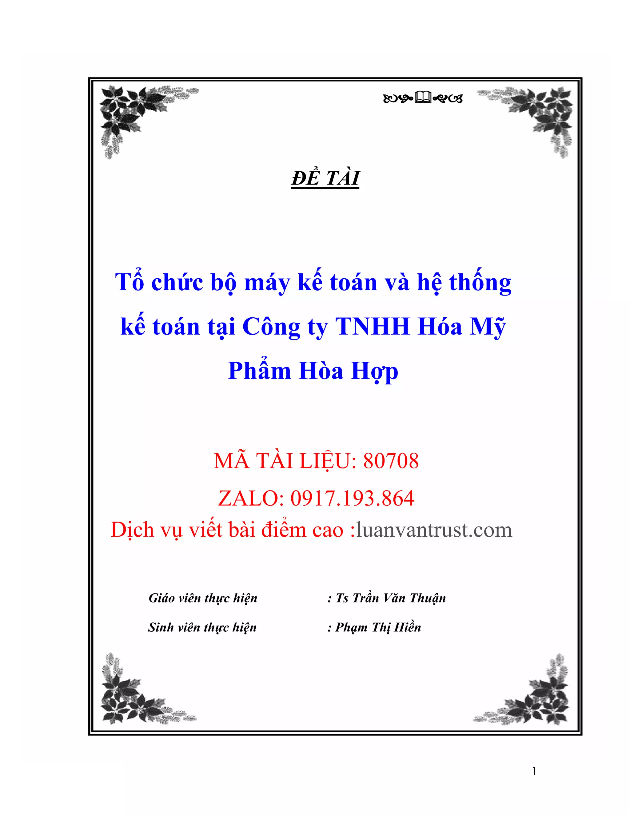 Tổ chức bộ máy kế toán và hệ thống kế toán tại Công ty TNHH Hóa Mỹ Phẩm Hòa Hợp | DOC