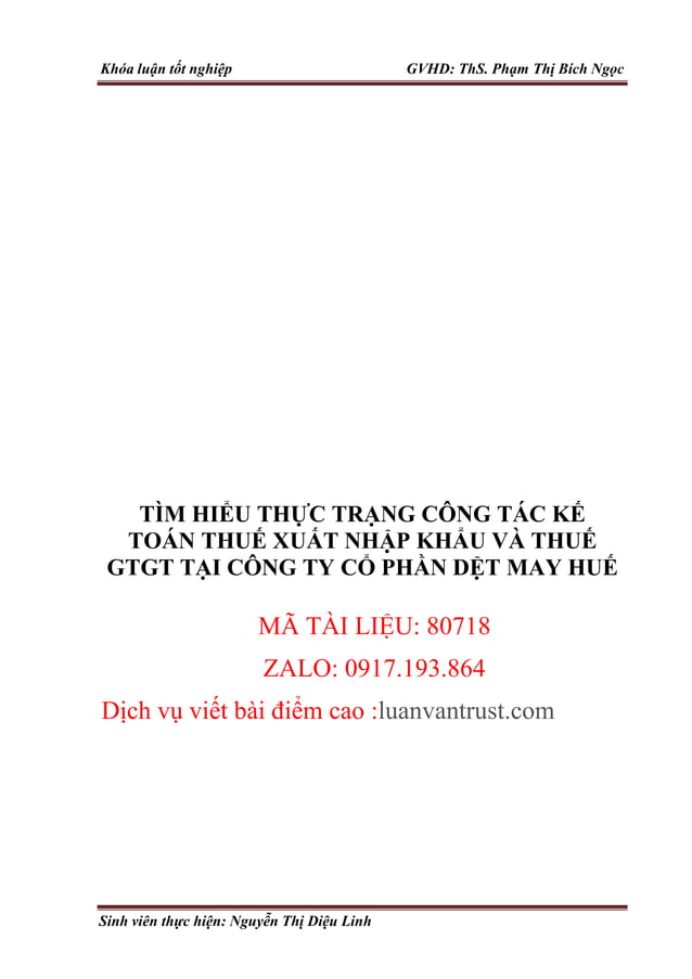 Tìm hiểu thực trạng công tác kế toán thuế xuất nhập khẩu và thuế GTGT tại Công ty Cổ phần dệt ...