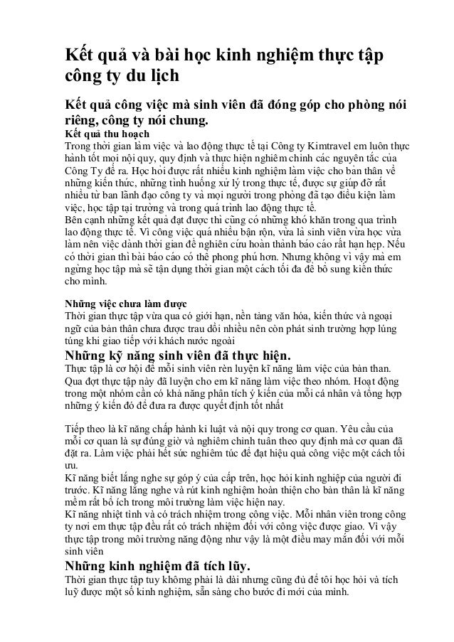 Kết quả và bài học kinh nghiệm thực tập công ty du lịch, 9đ | PDF