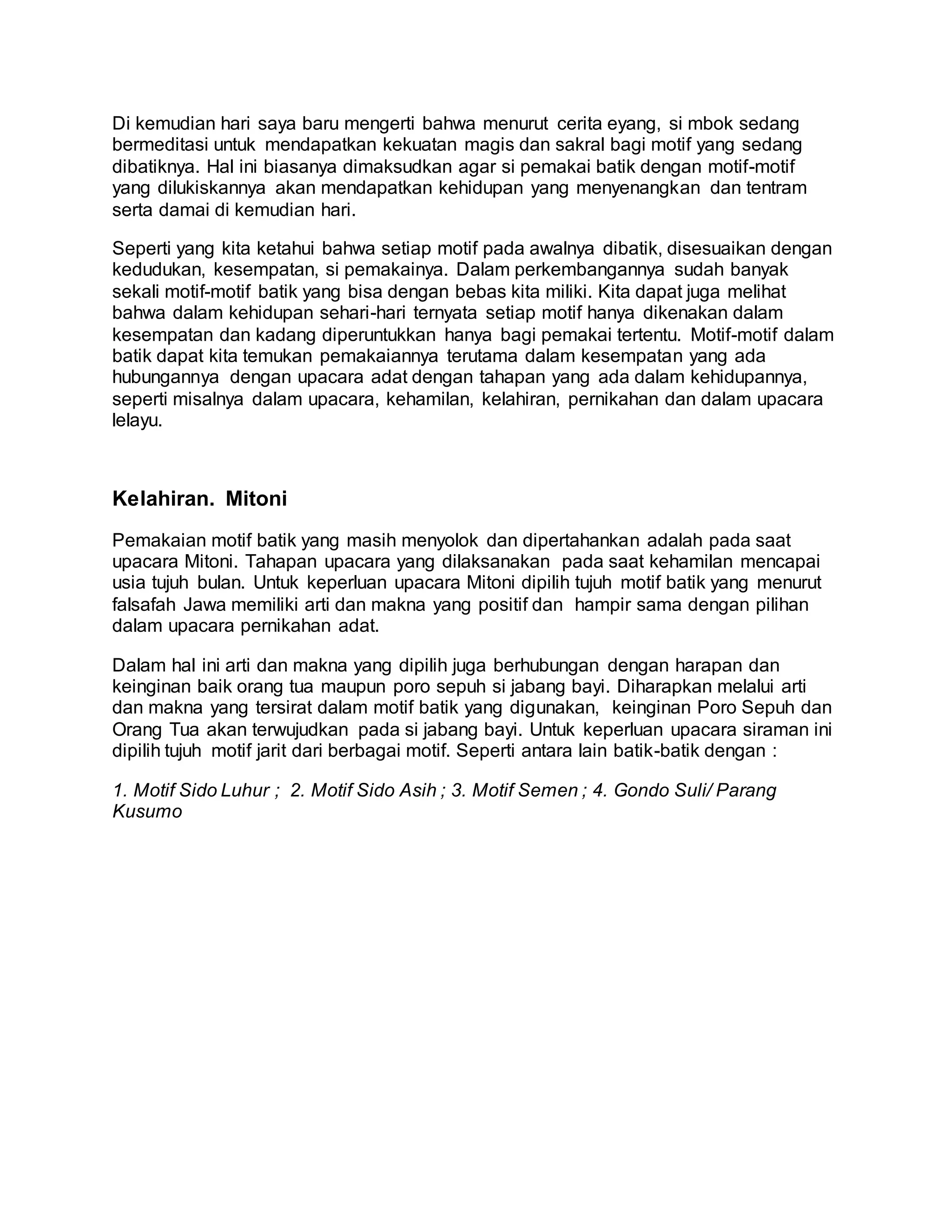 Keunikan makna filosofi batik klasik sidoluhur | DOCX