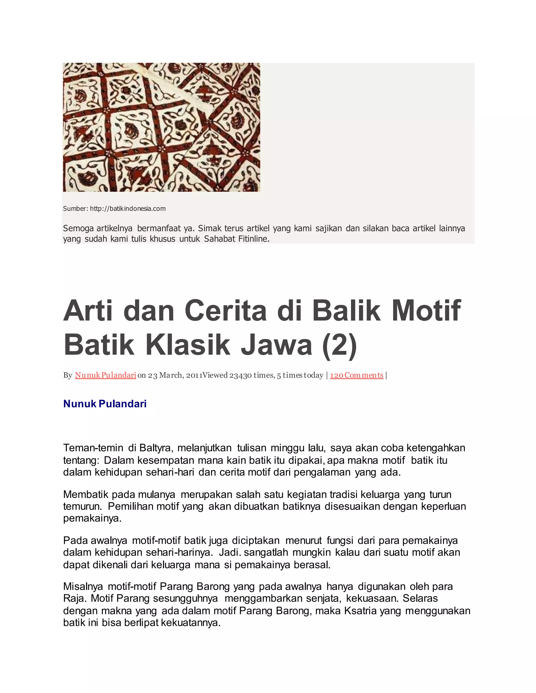 Keunikan makna filosofi batik klasik sidoluhur | DOCX