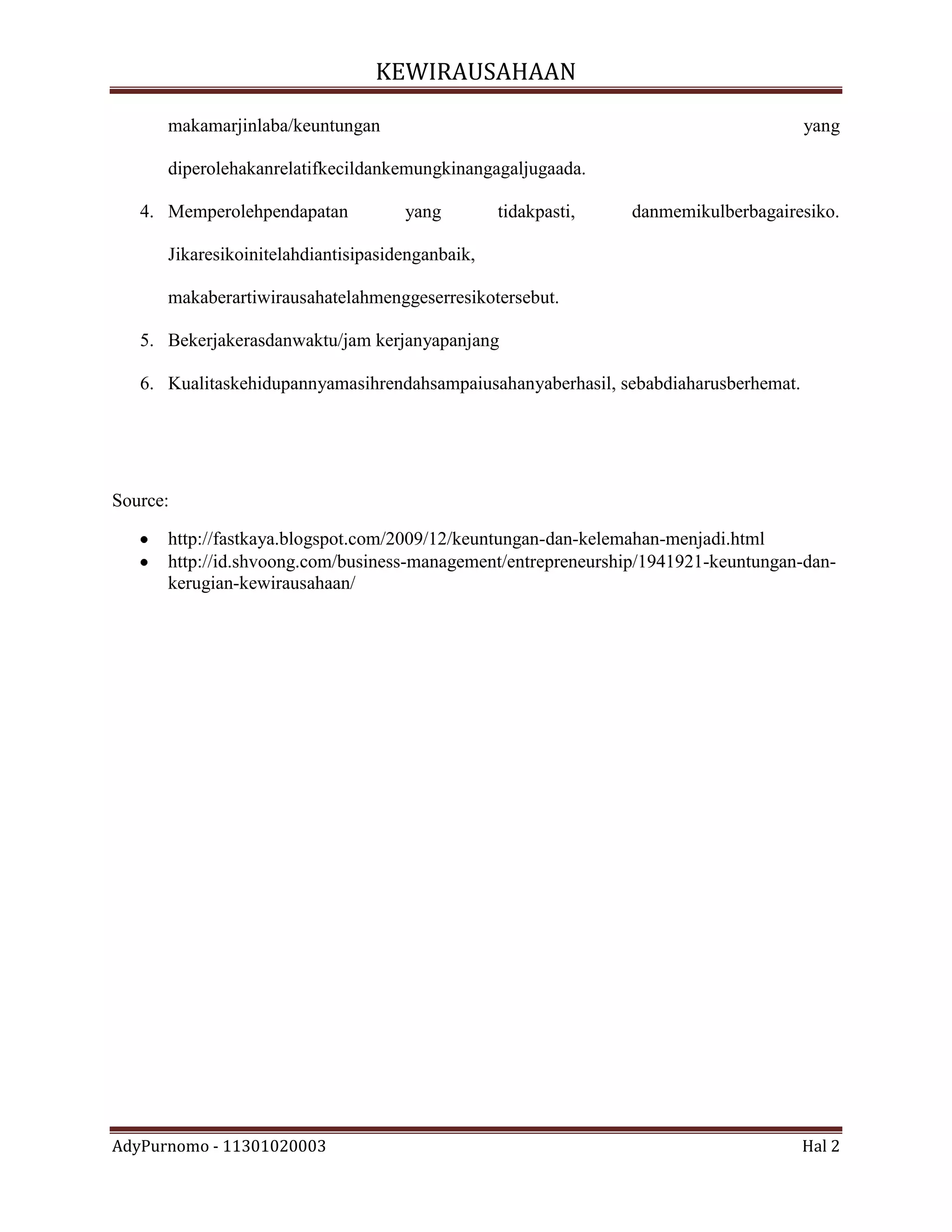 Keuntungan dan kerugian dalam kewirausahaan | DOCX