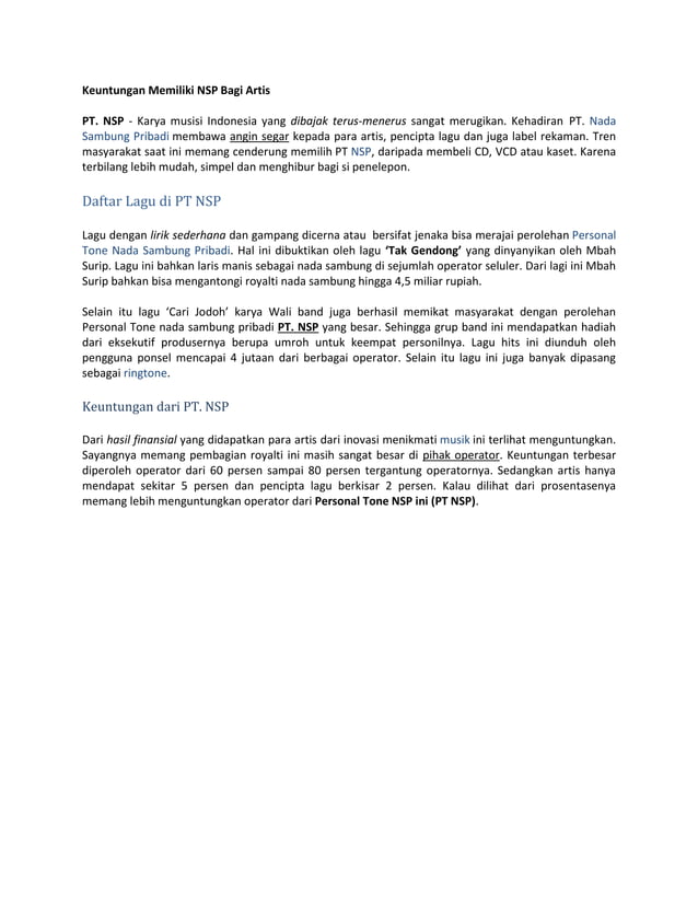 Keuntungan PT NSP untuk para artis | PDF