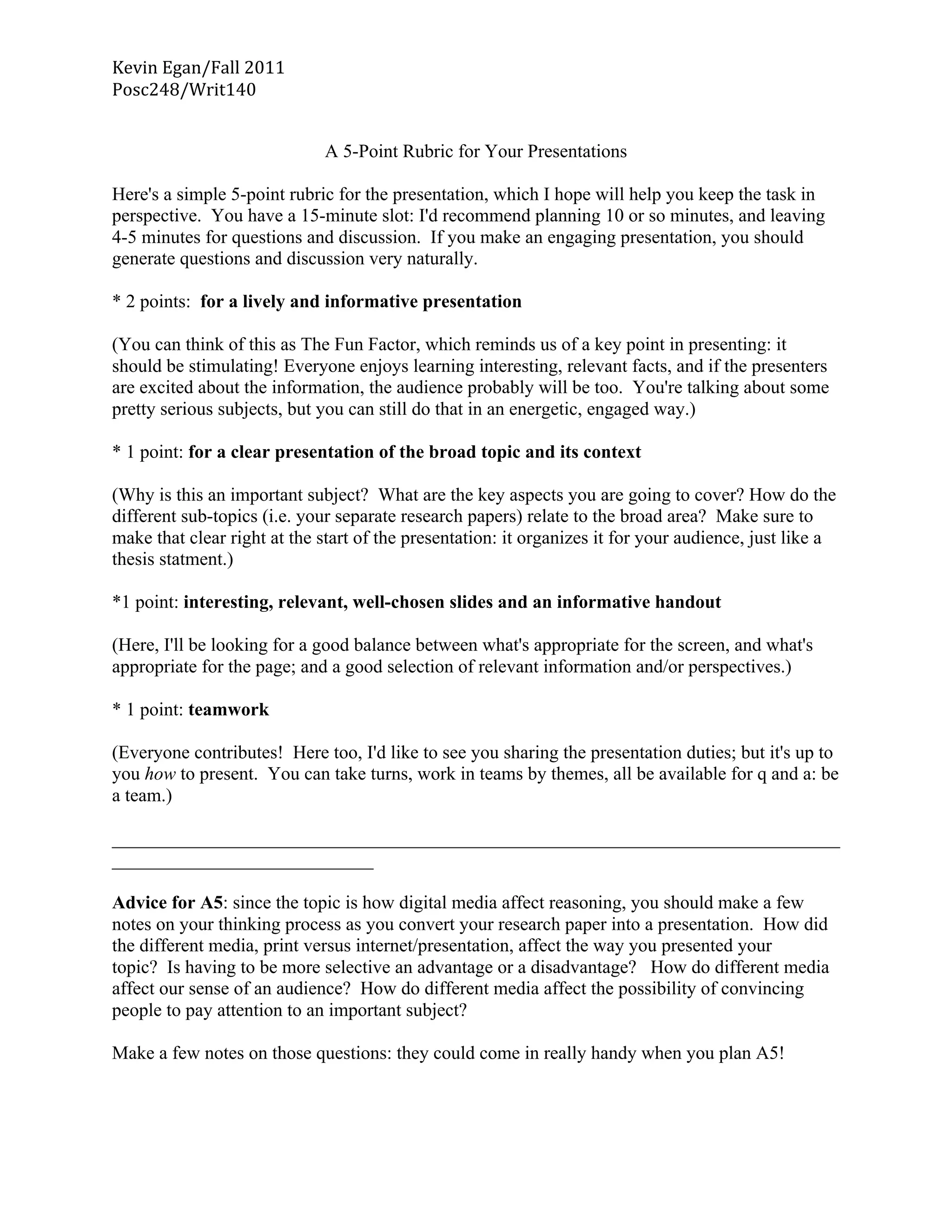 Kevin Egan: Handout on Student Multimedia Presentations | PDF