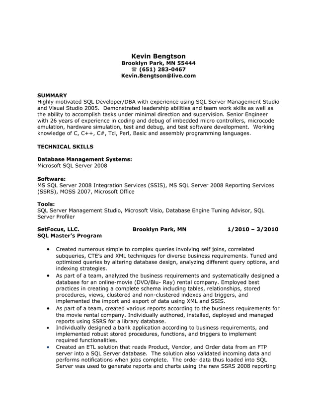 Kevin Bengtson Resume | DOC | Databases | Computer Software and Applications