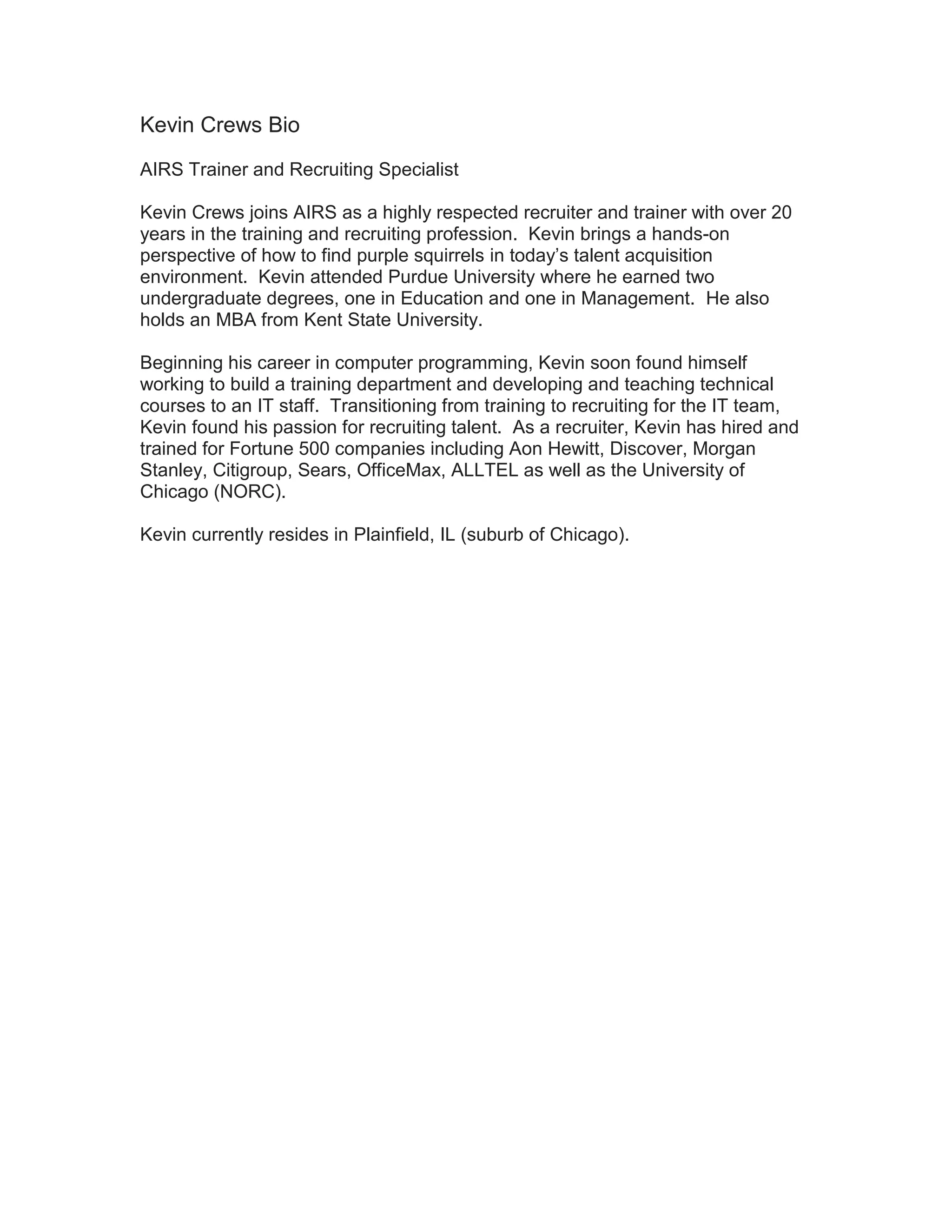 Kevin crews bio airs | DOCX