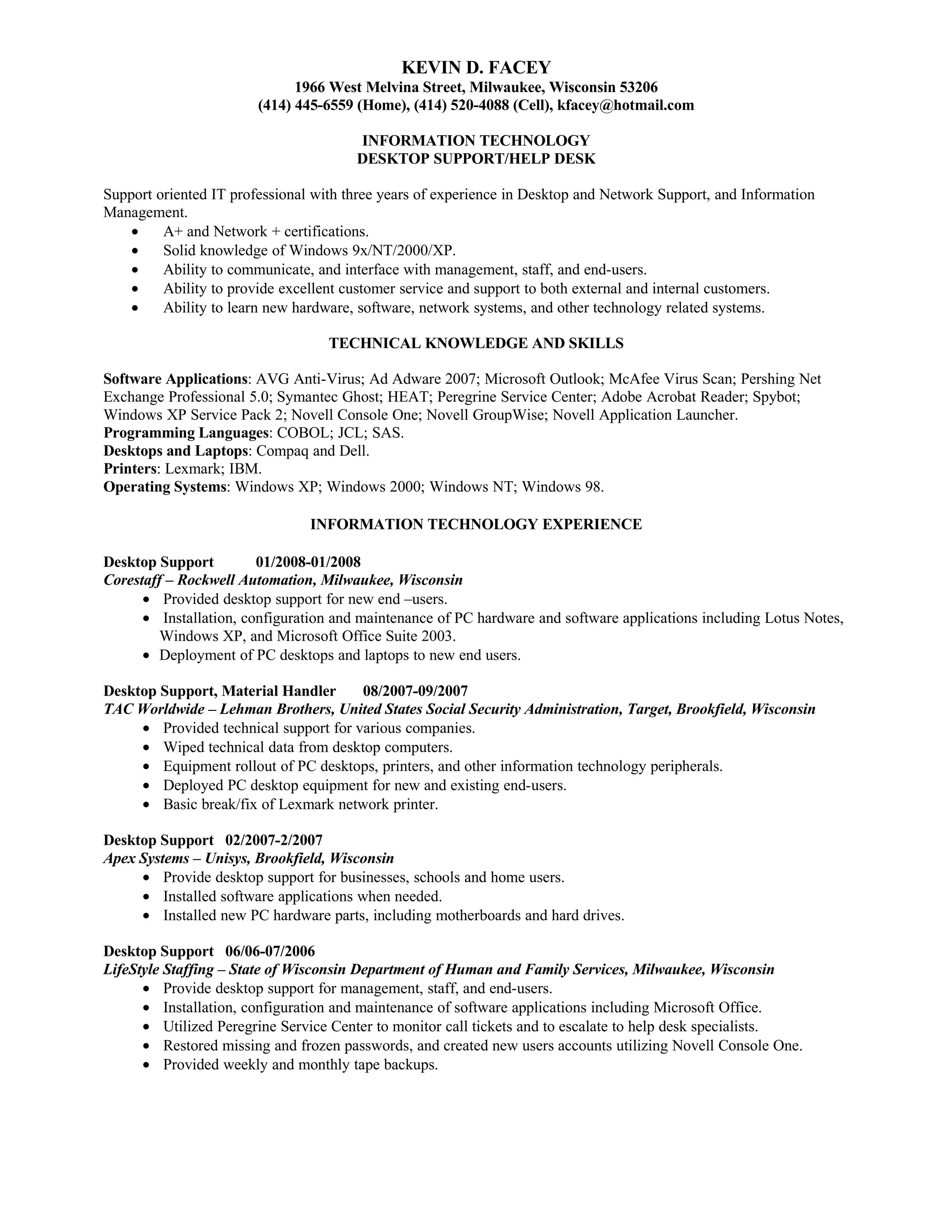 Kevin Faceys Resume | DOC