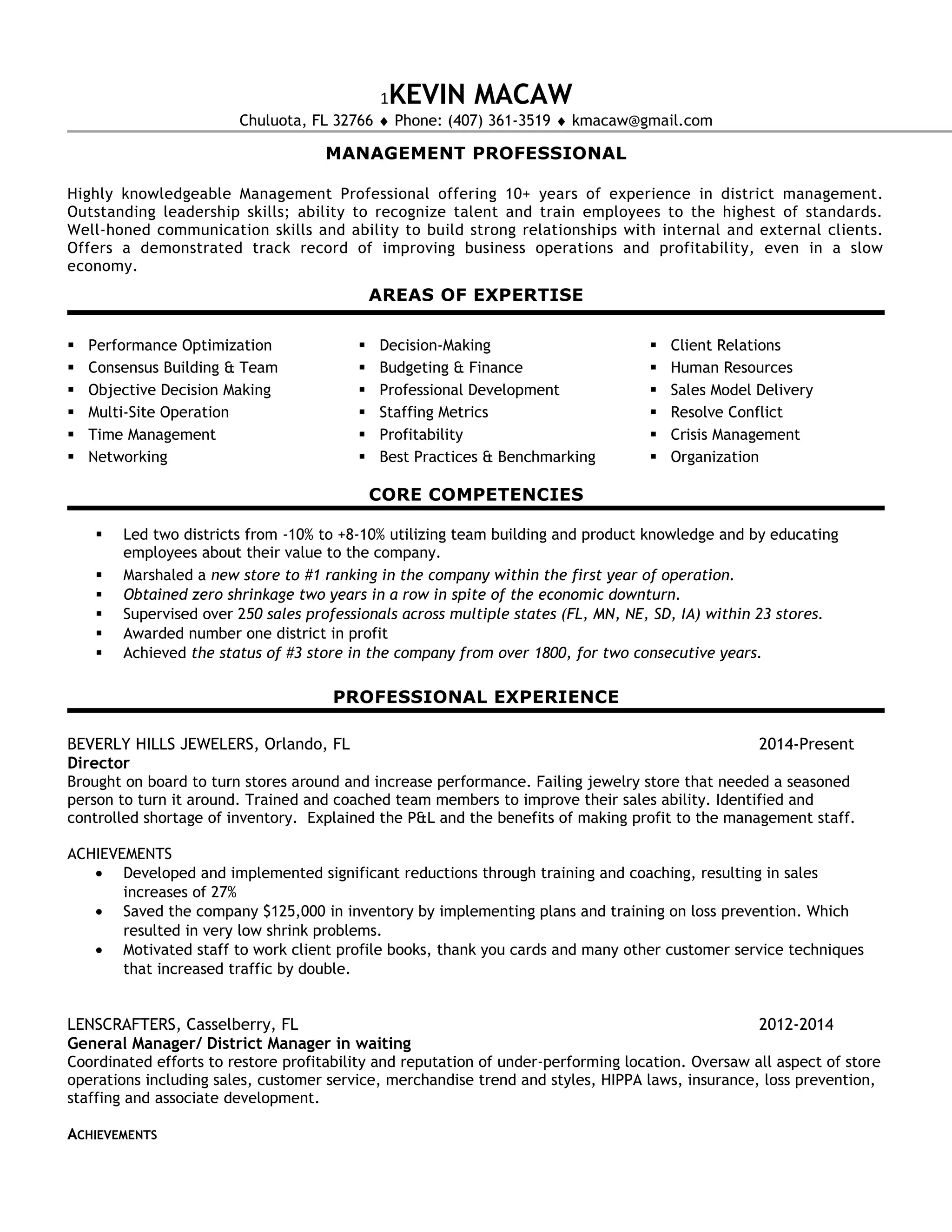 Experienced Multi Unit District Manager Resume | PDF