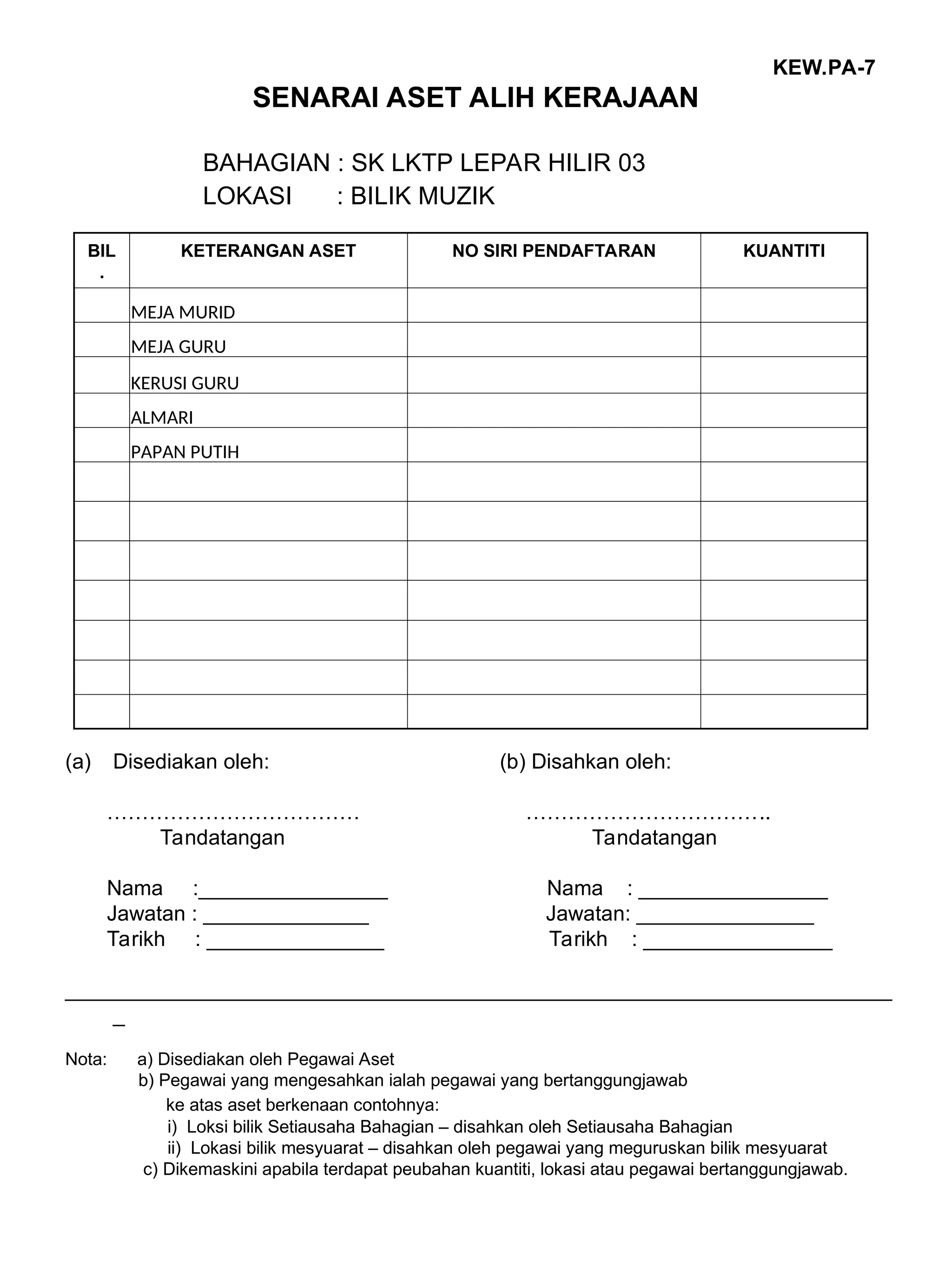 PRESENTATION CONTOH KEW. PA 7 SENARAI ASET | PDF