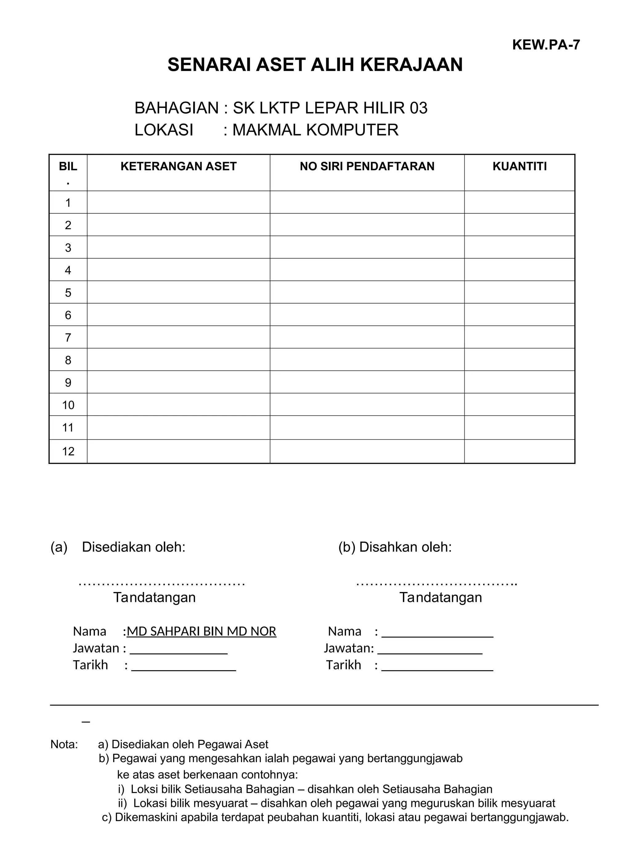 PRESENTATION CONTOH KEW. PA 7 SENARAI ASET | PDF